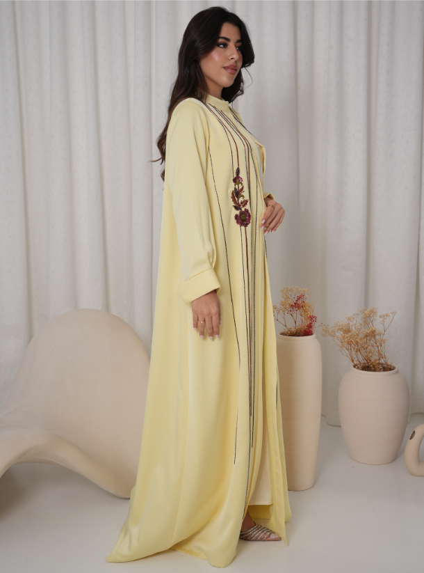 Yellow Abaya Narcissus Yellow abaya with Hand Embroidered details ...