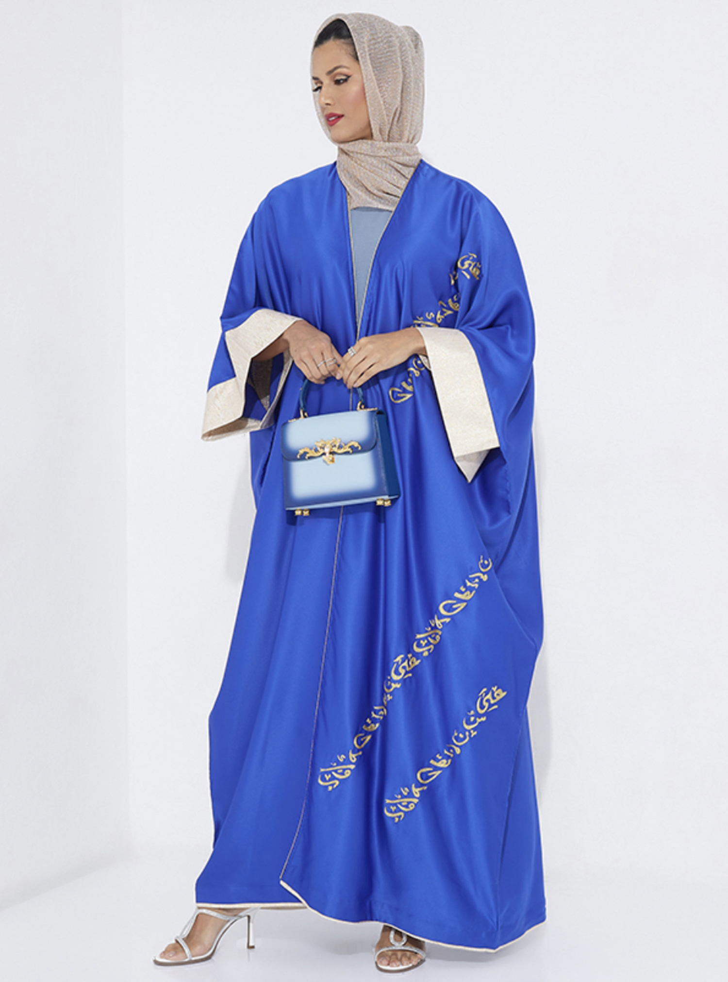 Blue Gold Bisht with Gold Arabic design Abayas from Rosette Abaya at Boksha