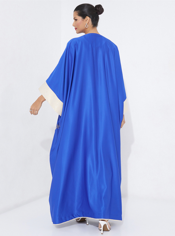 Blue Gold Bisht with Gold Arabic design Abayas from Rosette Abaya at Boksha