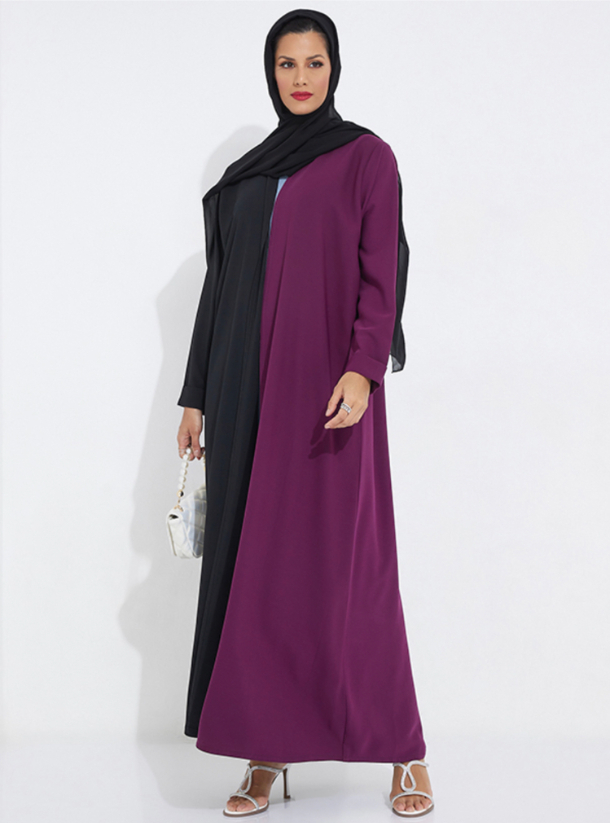PB-Purple H Abaya with half balck and half Purple + Belt Abayas from Rosette Abaya at Boksha