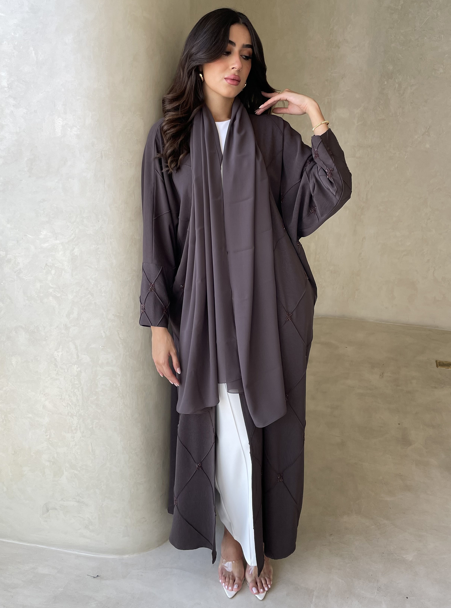 S062 Elegant dark purple bisht abaya with scattered crystals , comes ...