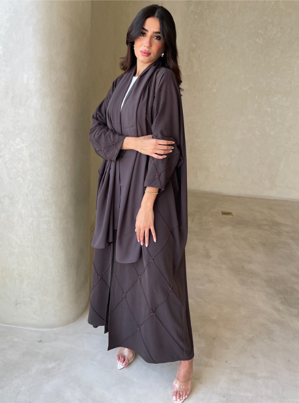 S062 Elegant dark purple bisht abaya with scattered crystals , comes ...