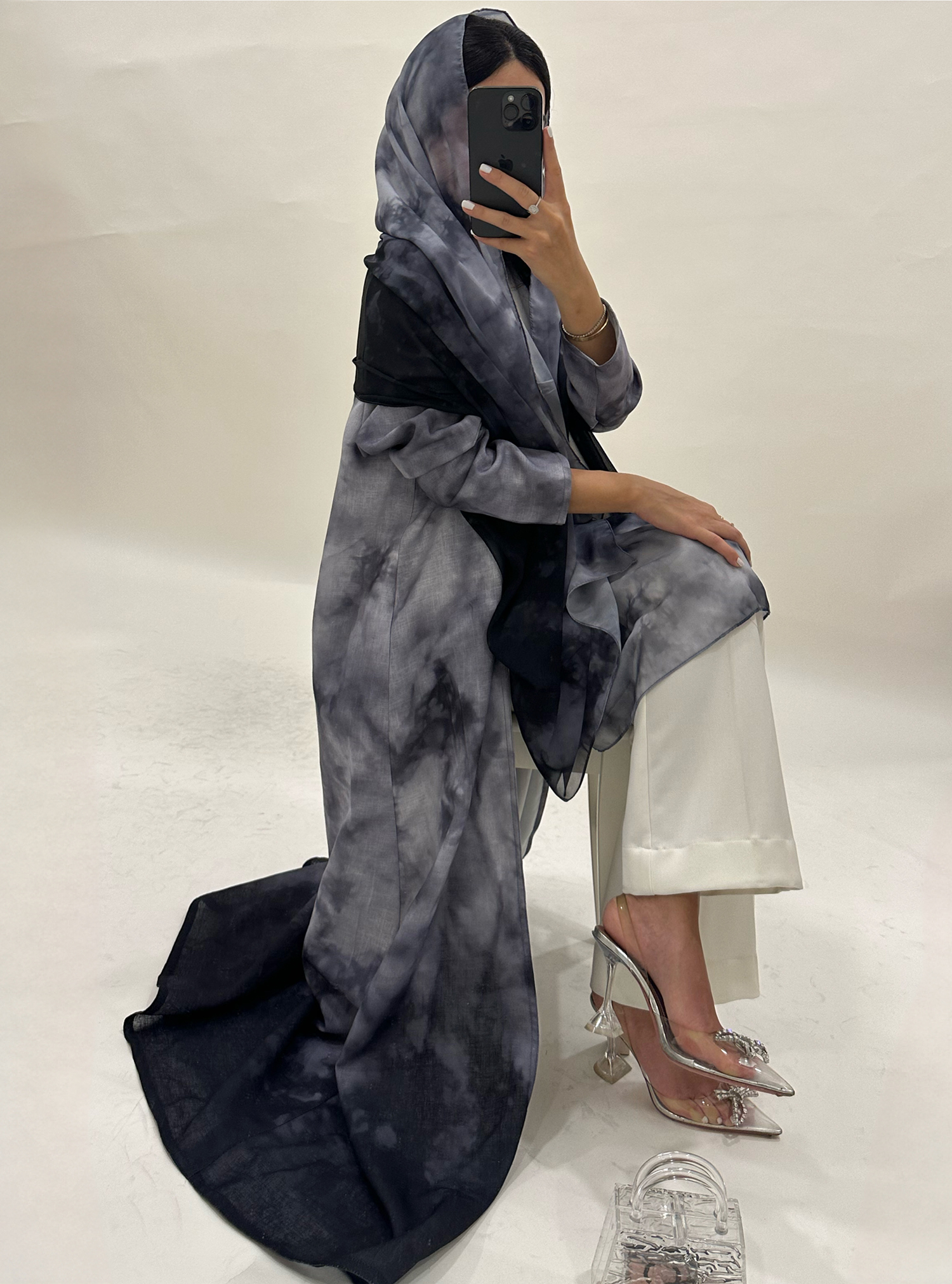 Gray Ombre Gray Ombre Linen Straight Cut Abaya with Matching Head Scarf Abayas from Alef at Boksha