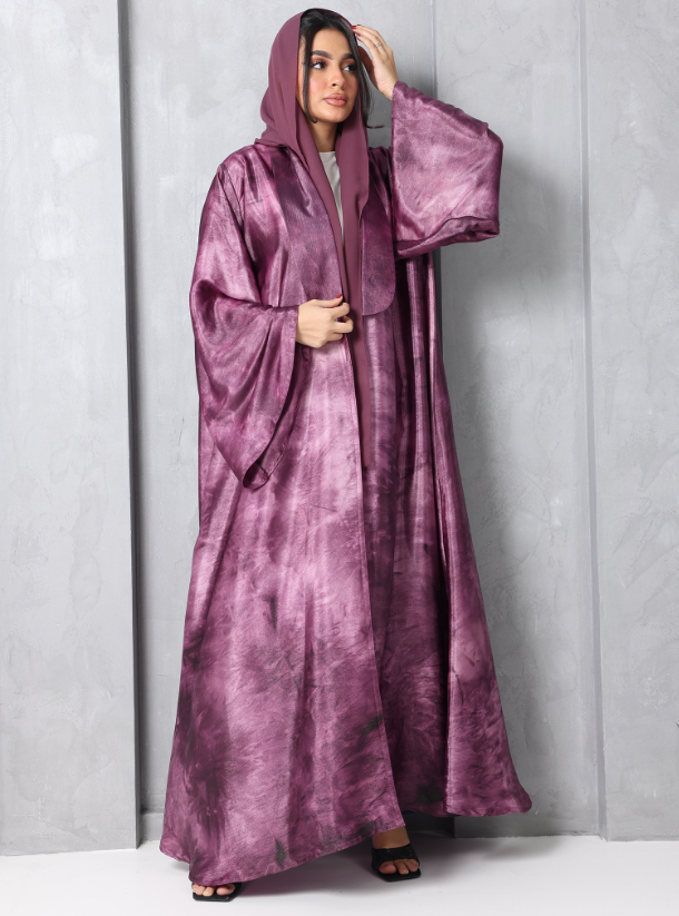 Nov3-116 Purple Tie die silk A cut abaya with matching headscarf Abayas from Nov3 at Boksha
