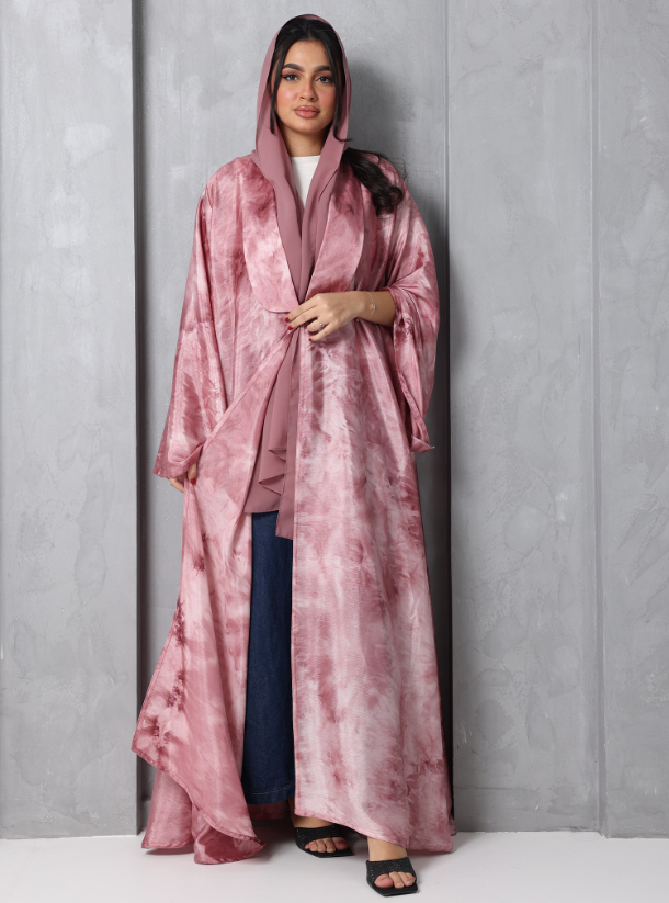 Nov3-117 Pink Tie die silk A cut abaya with matching headscarf Abayas from Nov3 at Boksha