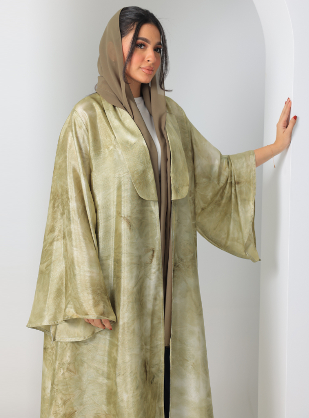 Nov3-118 Green Tie die silk A cut abaya with matching headscarf Abayas from Nov3 at Boksha
