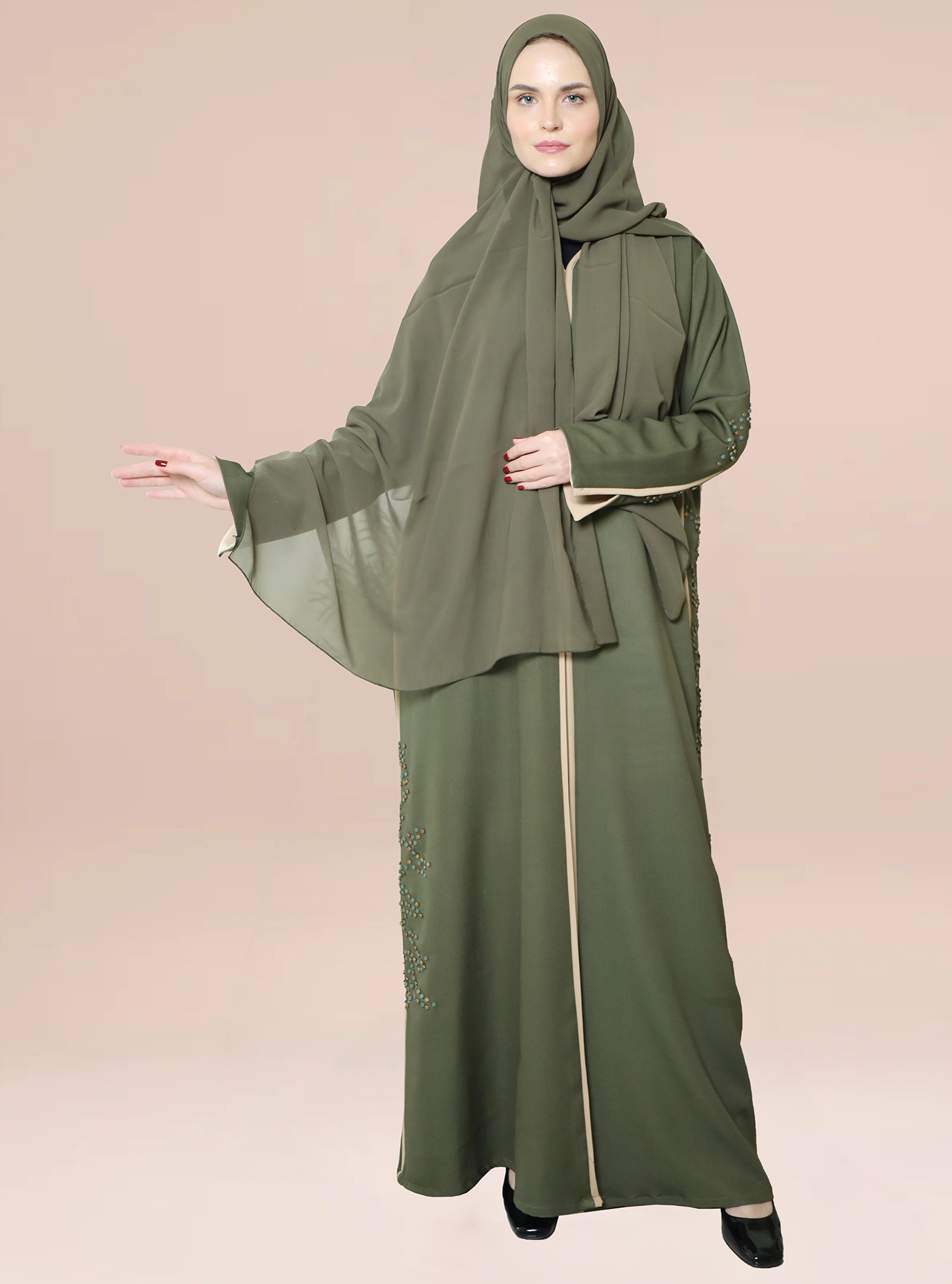 N71A Abaya Casual and chic Khaki embroidered abaya. Comes with matching a headscarf. Abayas from ...