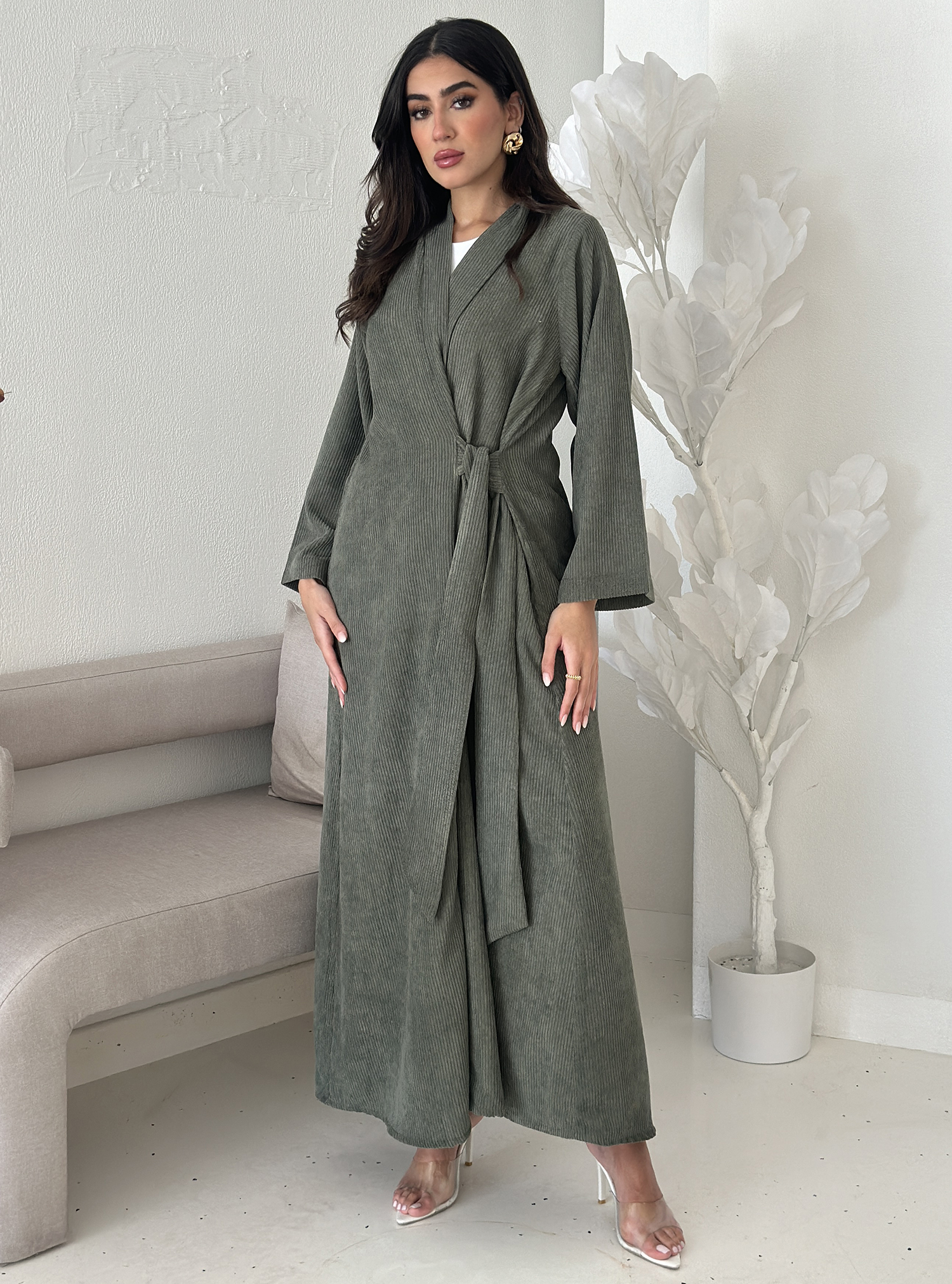 ATN005 Abaya Grey corduroy winter abaya with side-tie closure. Comes with a headscarf. Abayas ...