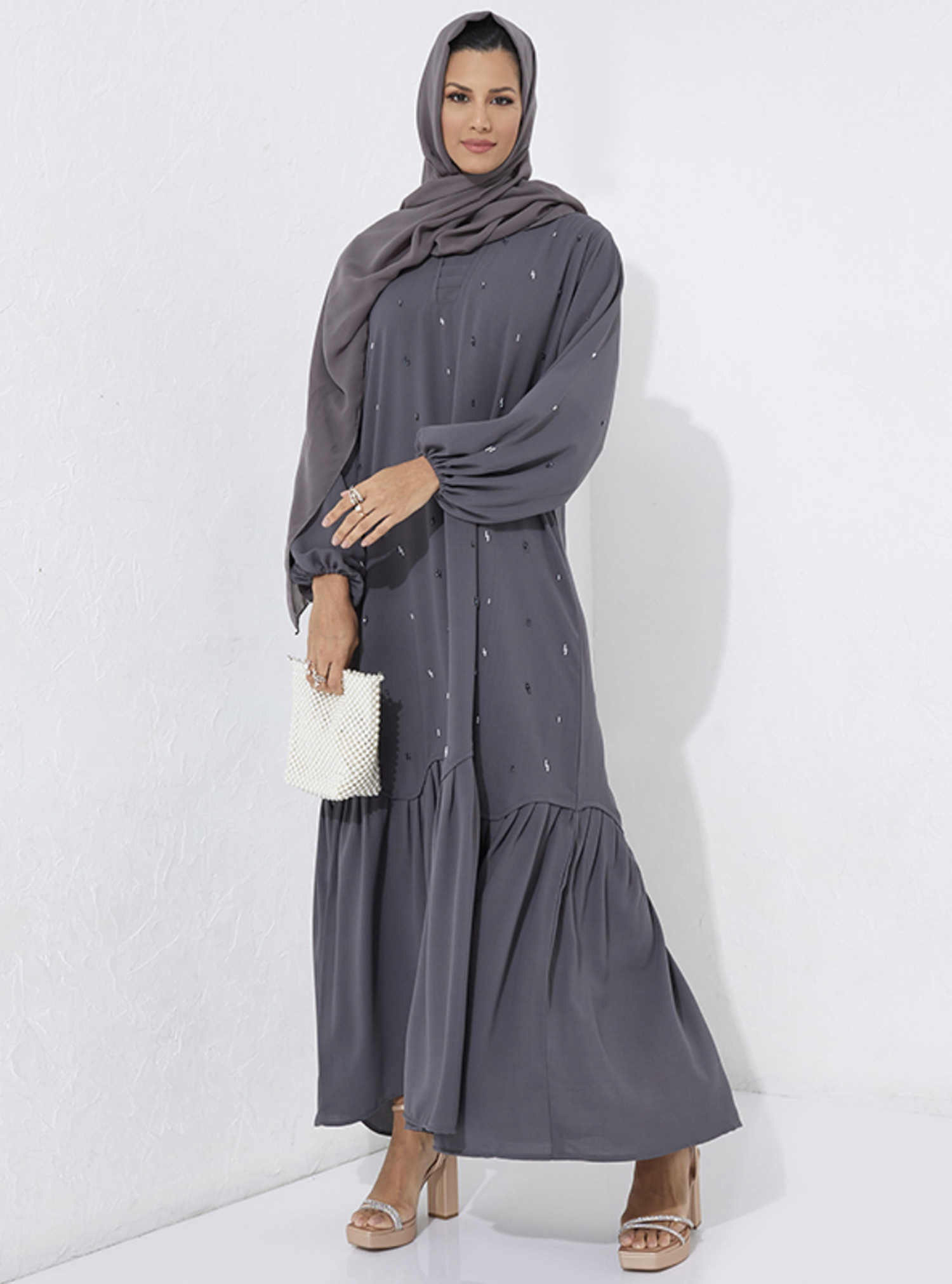 Gray Dress Abay Abaya with dress design With hand embroidary Design And Pleated Design Abayas ...