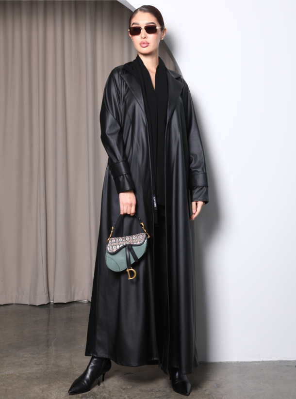 Abaya 40 Stylish black leather abaya featuring a jacket design with a ...