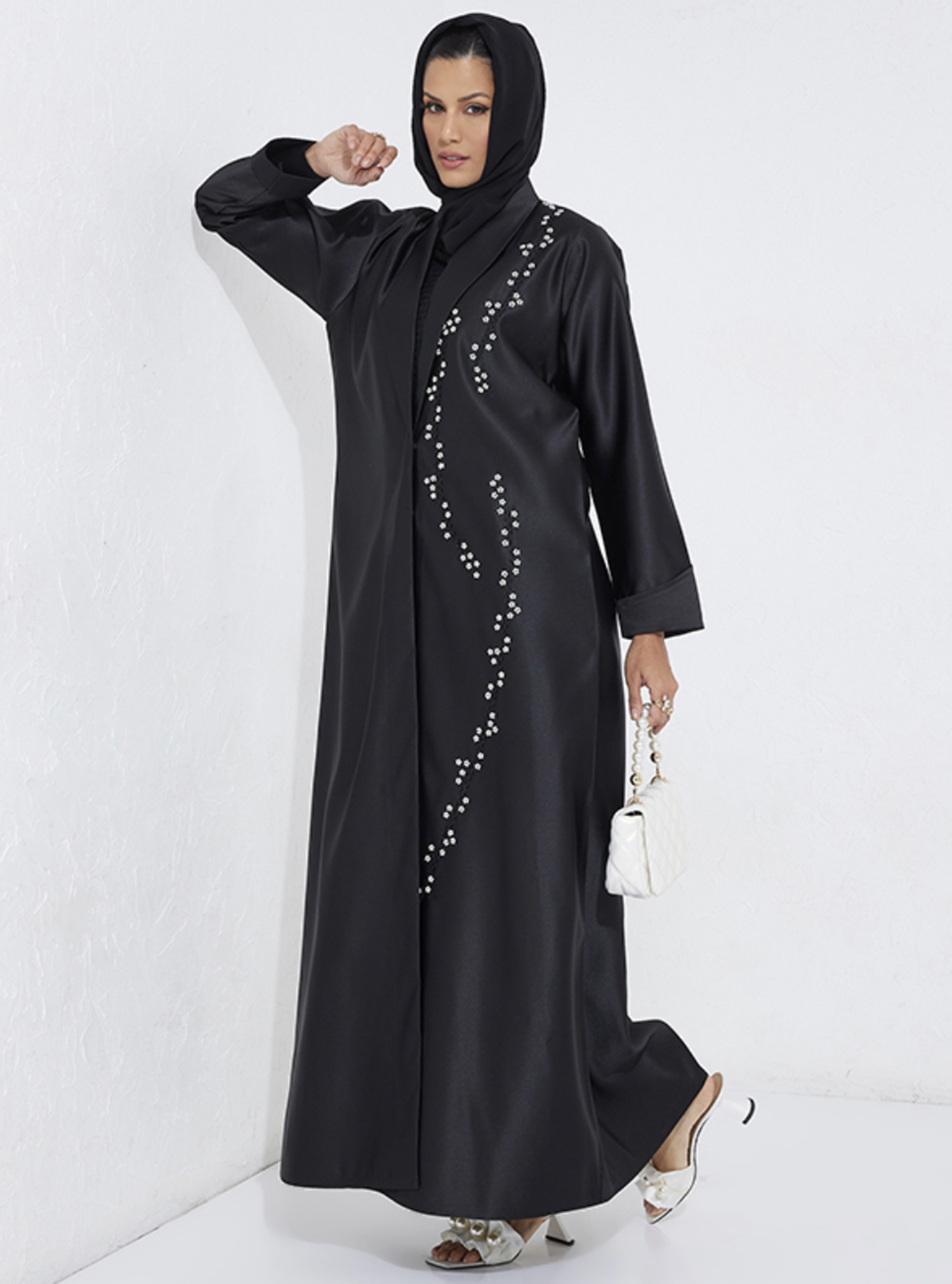 Lulu Pearl Line Abaya with pearl design and v neck design Abayas from Rosette Abaya at Boksha
