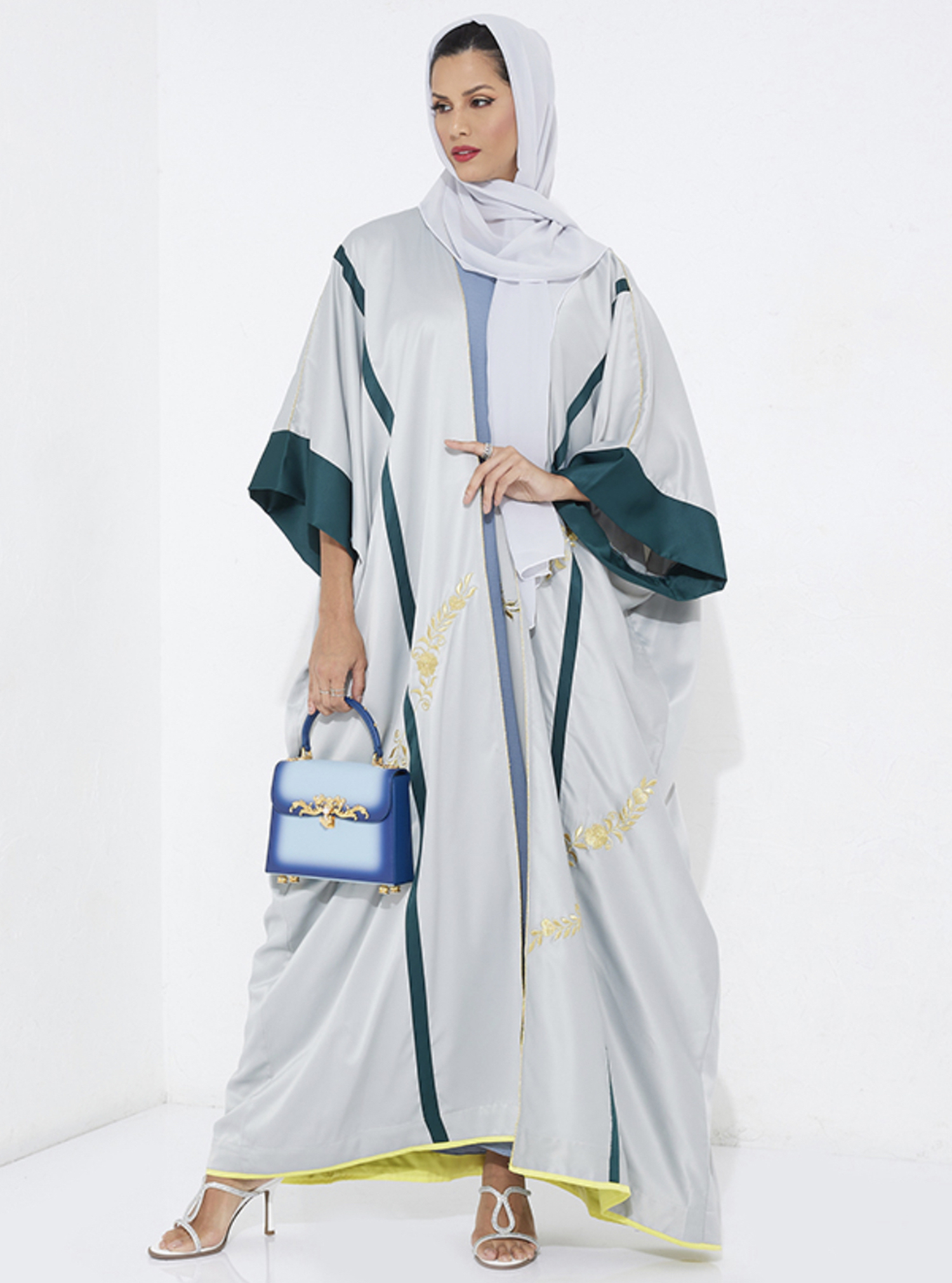 Joyous Bisht Gray Bisht with flowers Gold And Green line design Abayas ...