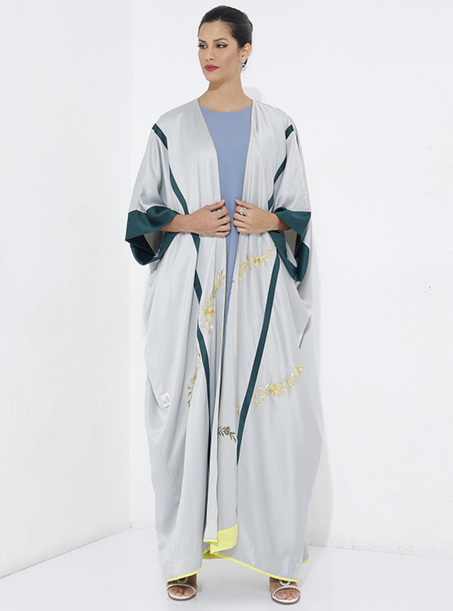 Joyous Bisht Gray Bisht with flowers Gold And Green line design Abayas ...