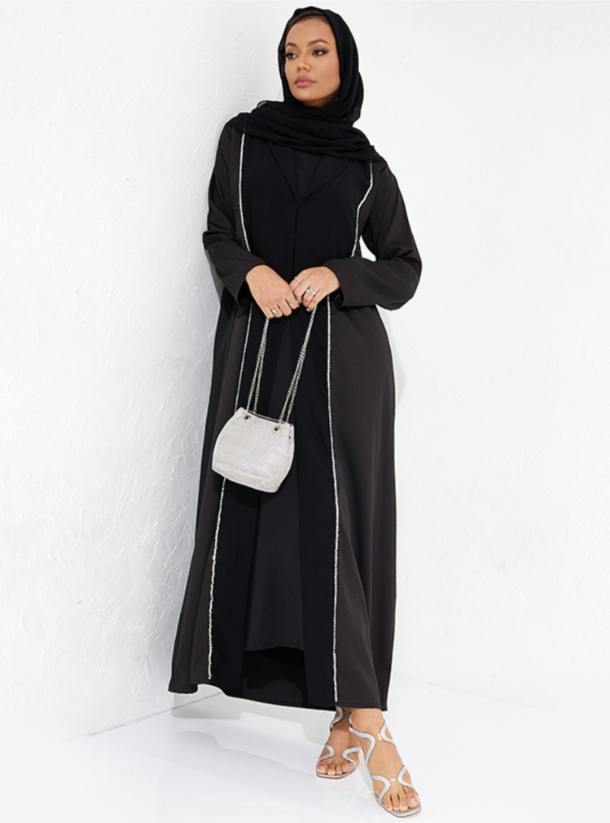Jeans Abaya V-Neck Black Jeans Abaya With Silver Stones And Nada Soft ...