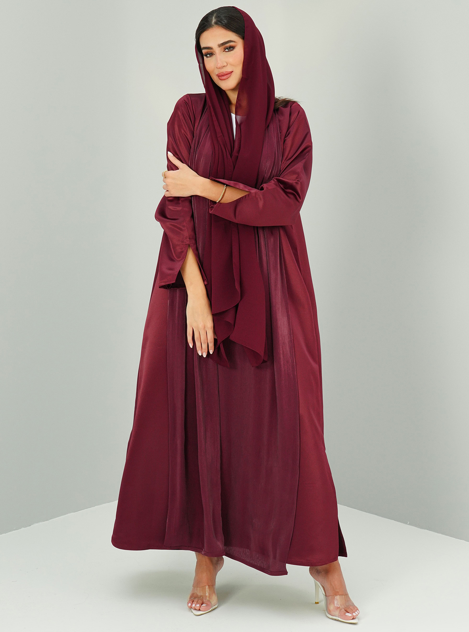 Elegant Maroon Maroon abaya made with satin crepe & organza. Also available in black. Abayas ...