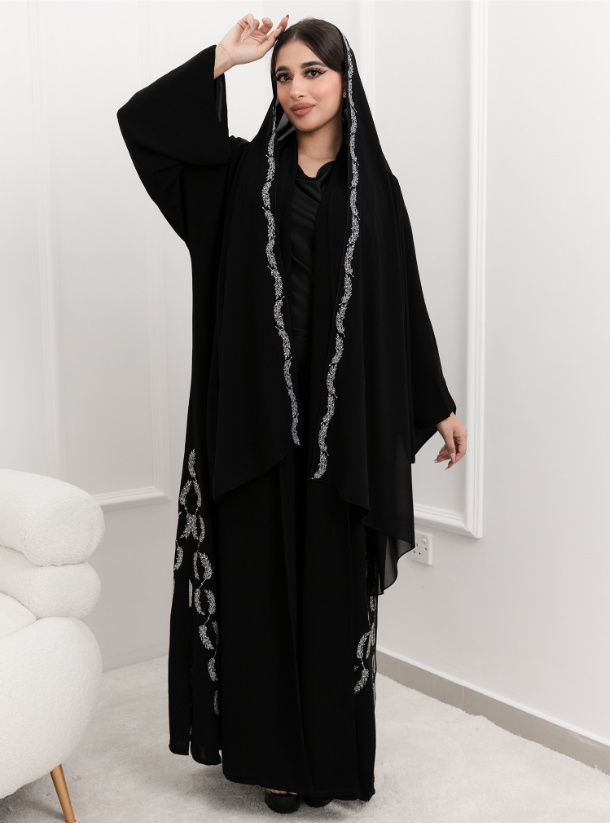 SHE23 Abaya description :Crepe abaya with embroidery and silver ...