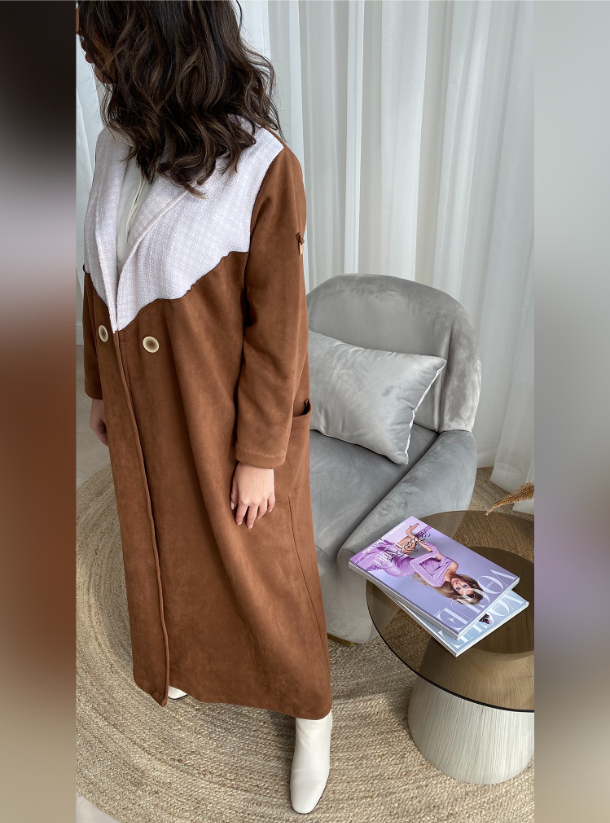 Brown abaya Brown suede abaya with contrast collared yoke, decorative buttons and side pockets ...