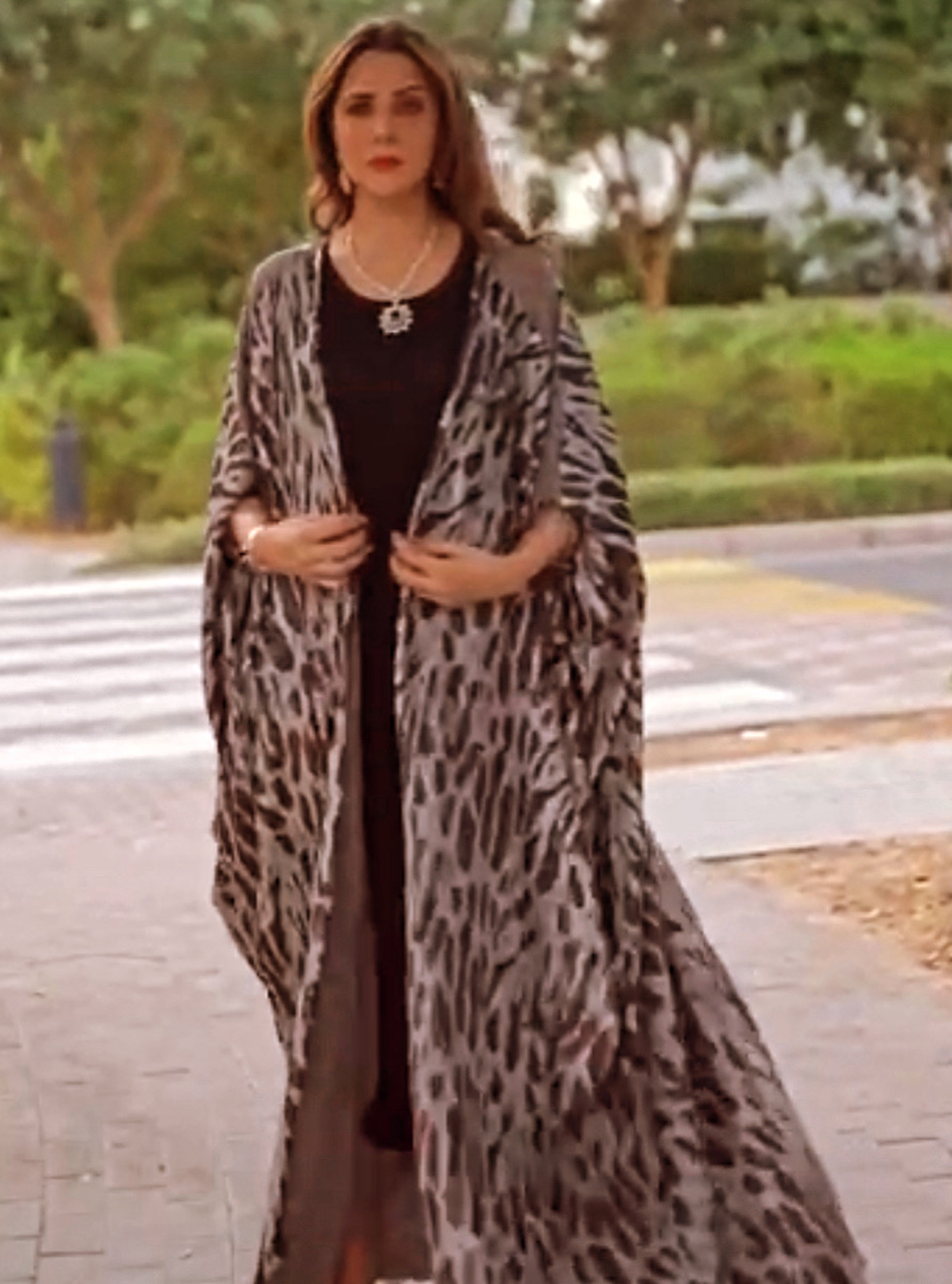 Printed Abaya Free-size printed abaya with a grey matte print and a ...