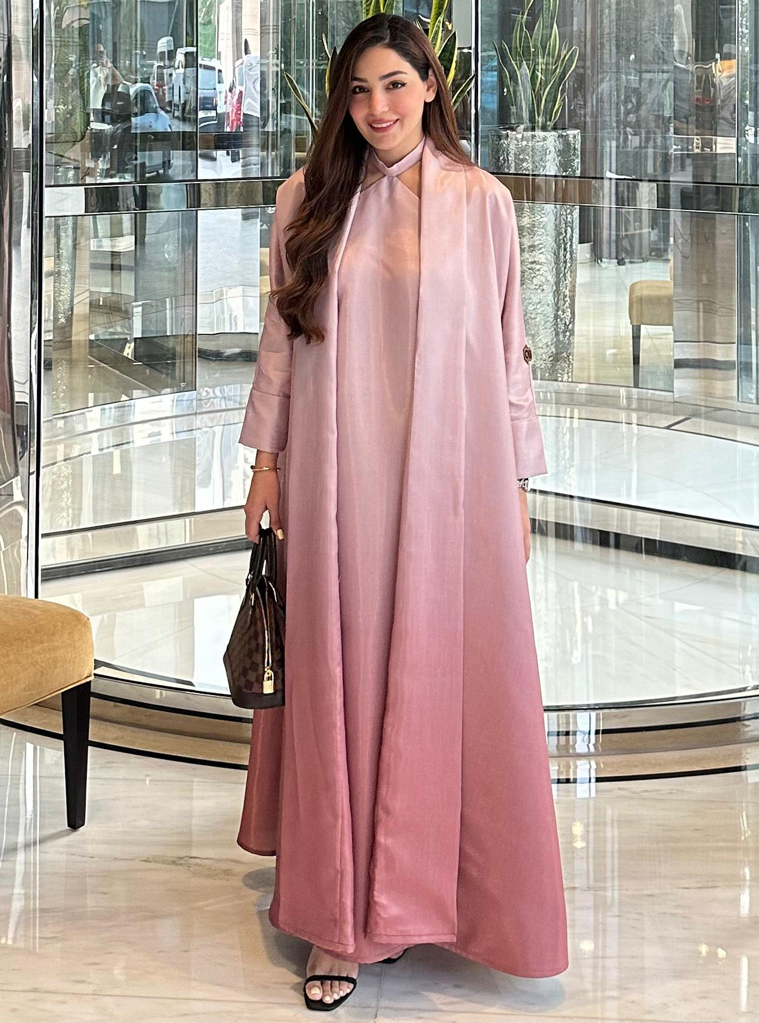 QB - Sheikha P Dusty pink ombre abaya with dress and headscarf. Abayas from Threads and Co at Boksha