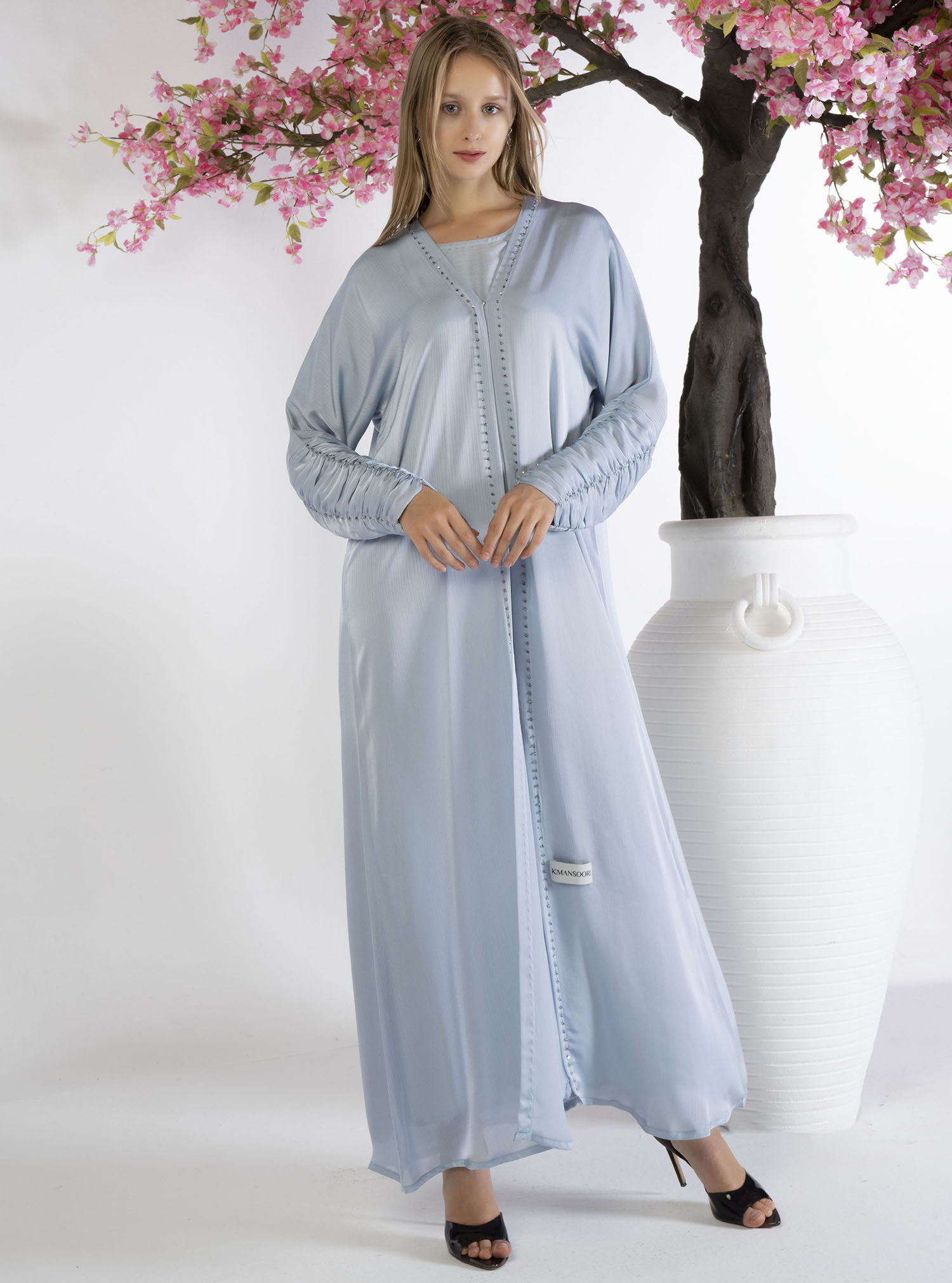 K996-FIROZI Bisht Abaya With Pleated Sleeves Enhanced With Simple Beadwork Detailing Abayas from ...