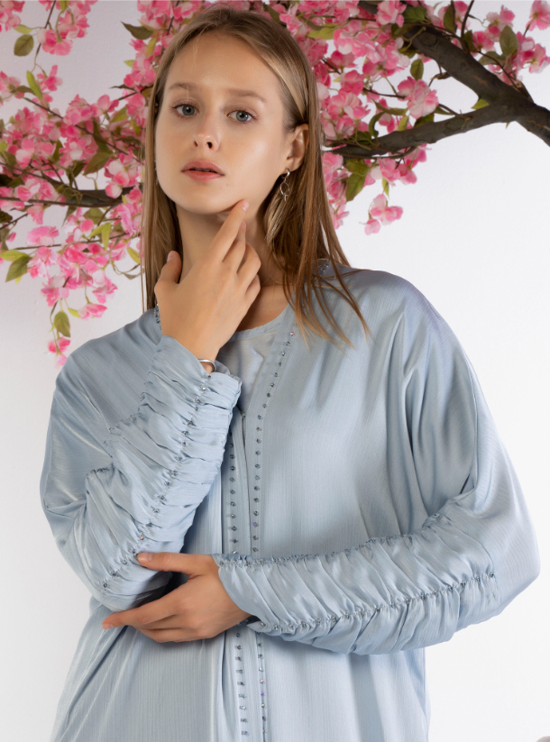 K996-FIROZI Bisht Abaya With Pleated Sleeves Enhanced With Simple Beadwork Detailing Abayas from ...