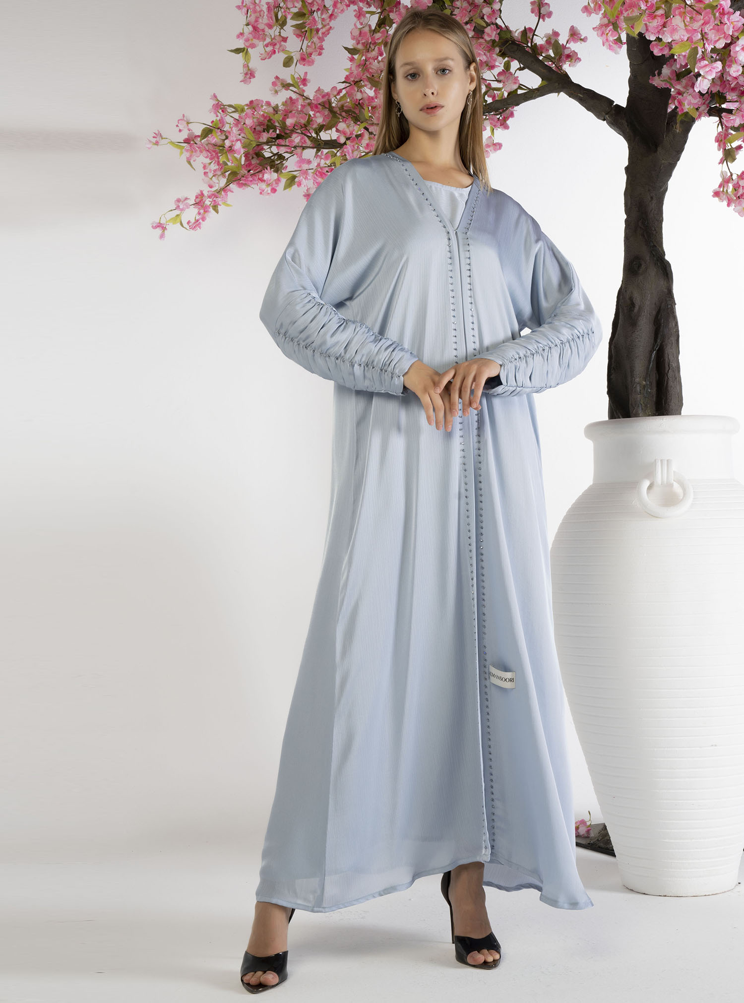 K996-FIROZI Bisht Abaya With Pleated Sleeves Enhanced With Simple Beadwork Detailing Abayas from ...