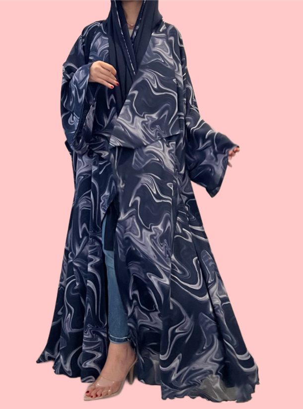 Endemaj Navy marble-print inspired abaya with headscarf. Abayas from Amira Issa at Boksha