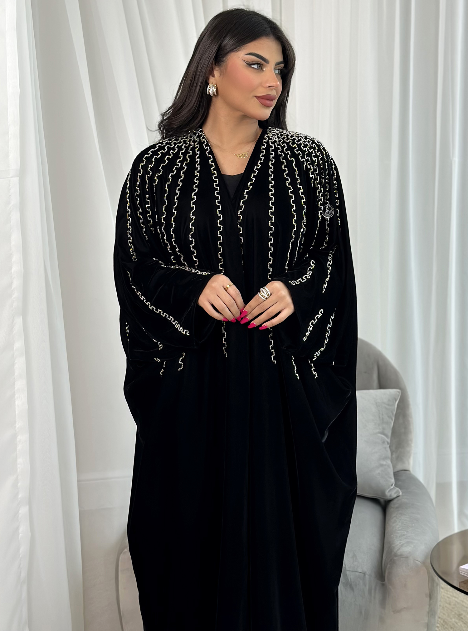 Velvet Silver Black Velvet abaya with silver Abayas from Leil Abayas at Boksha