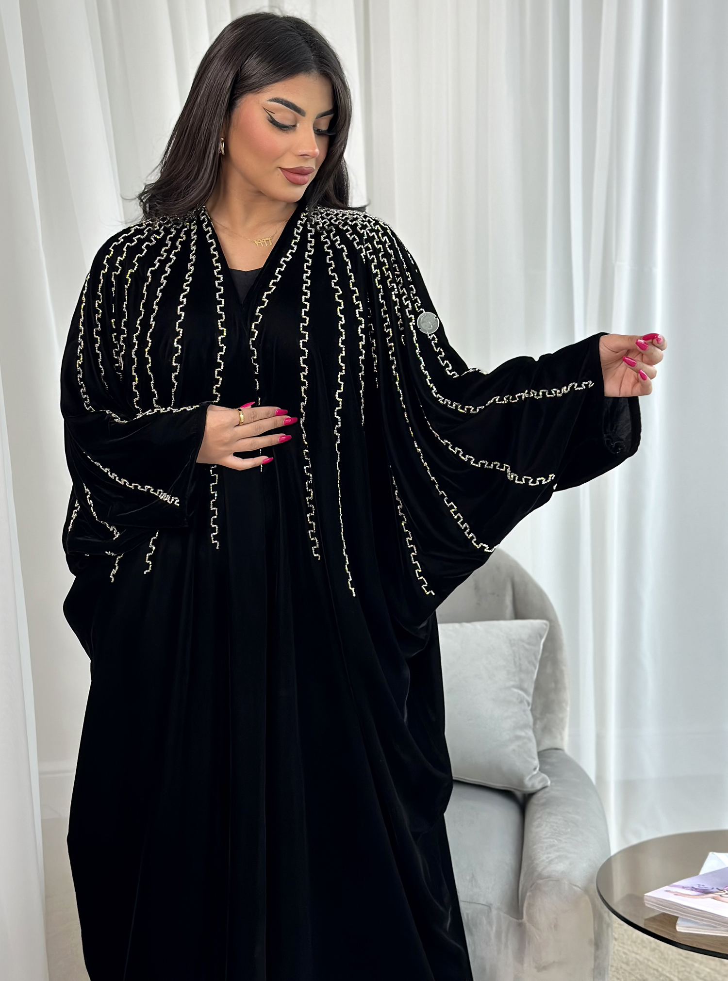 Velvet Silver Black Velvet abaya with silver Abayas from Leil Abayas at Boksha