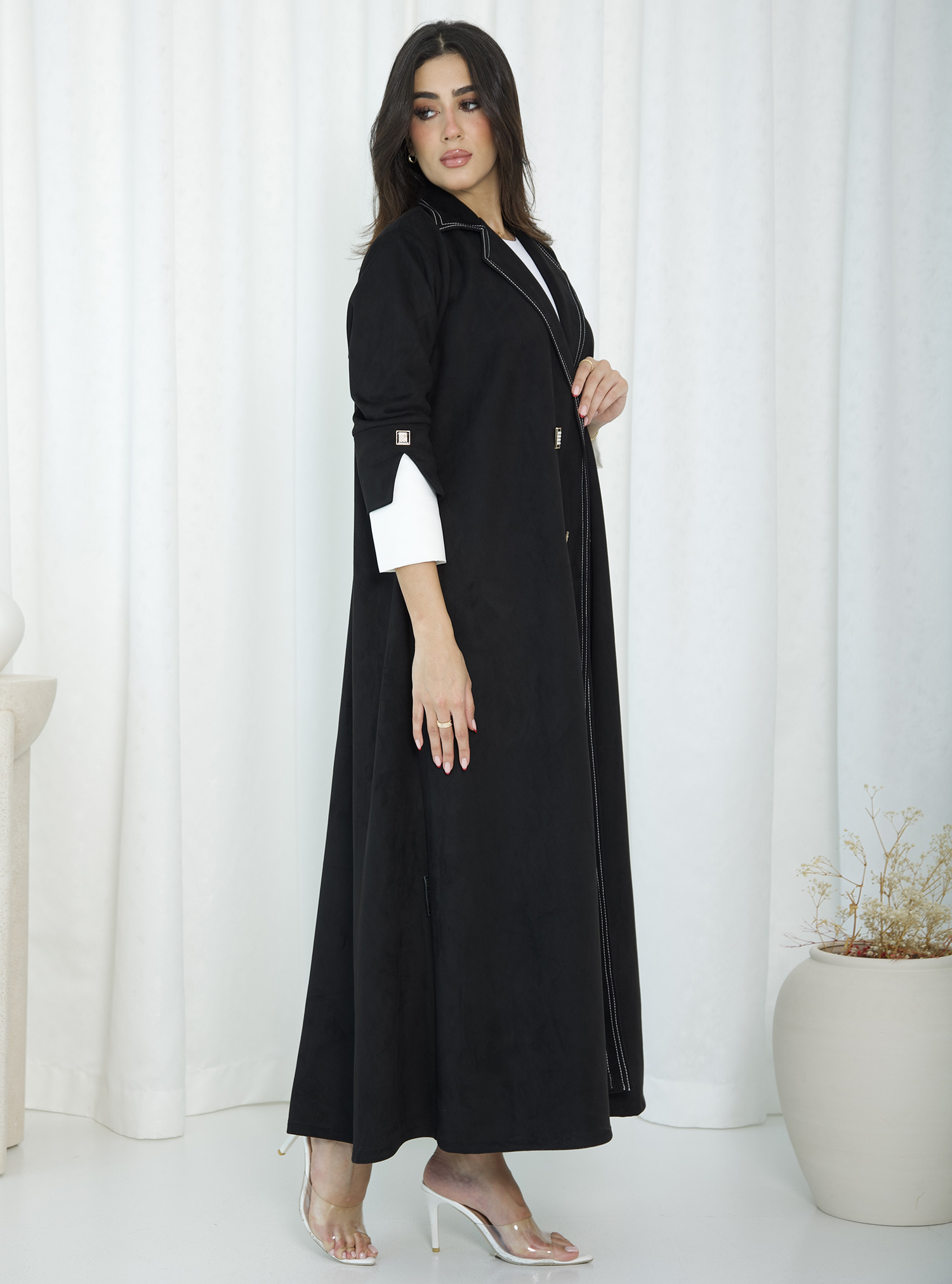 SHE49 Shamwa jacket fabric Abaya with square buttons and white satin ...