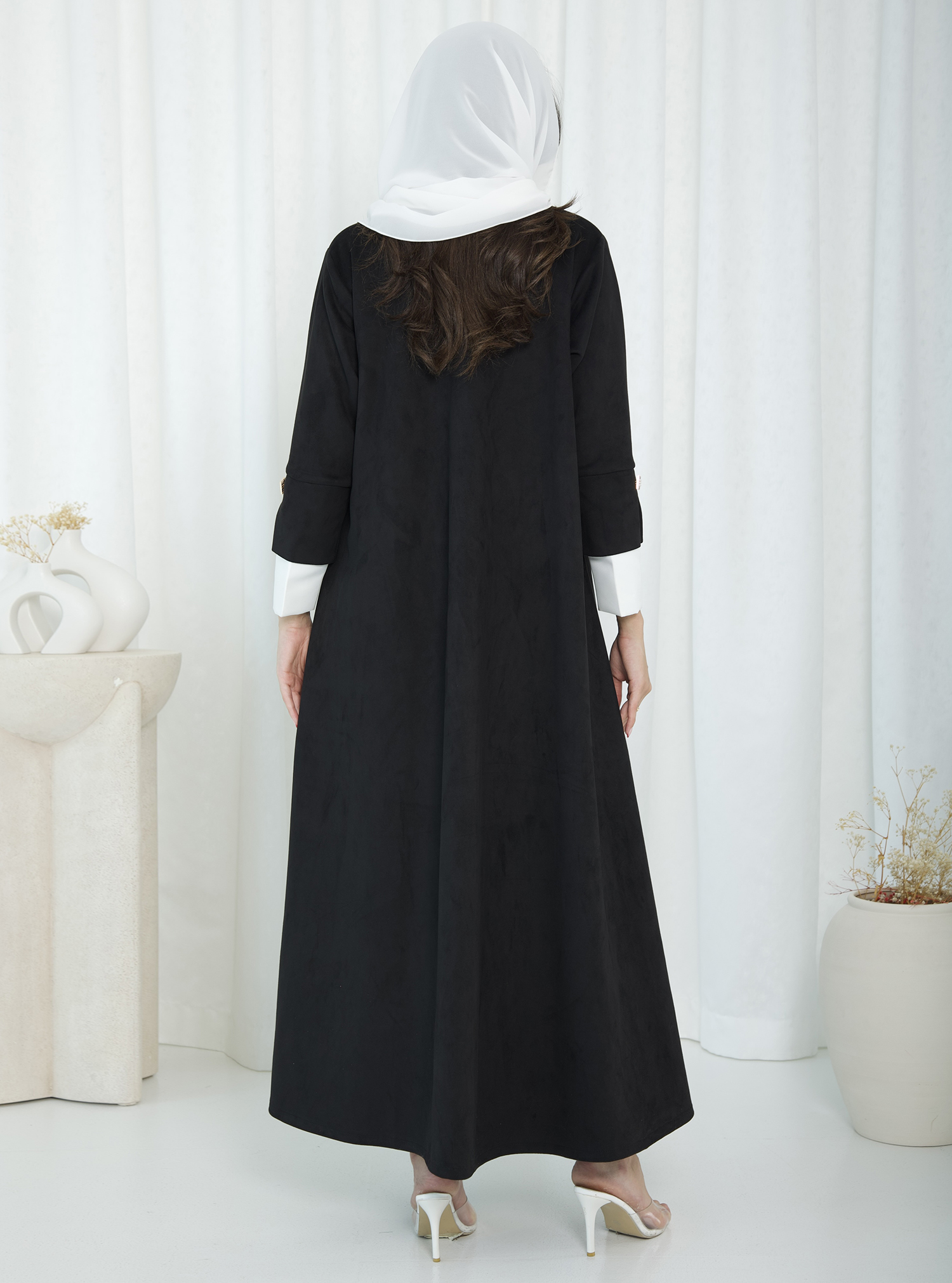 SHE49 Shamwa jacket fabric Abaya with square buttons and white satin ...