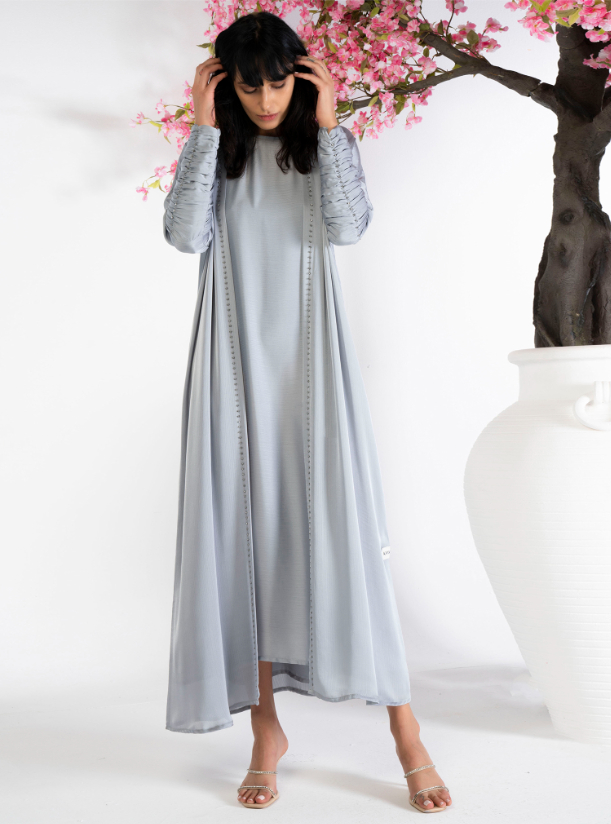 K996-GREY Bisht Abaya With Pleated Sleeves Enhanced With Simple Beadwork Detailing Abayas from K ...