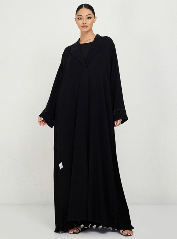 Flowing Beauty Black Abaya With Pleated Fabric From Back & Hand ...