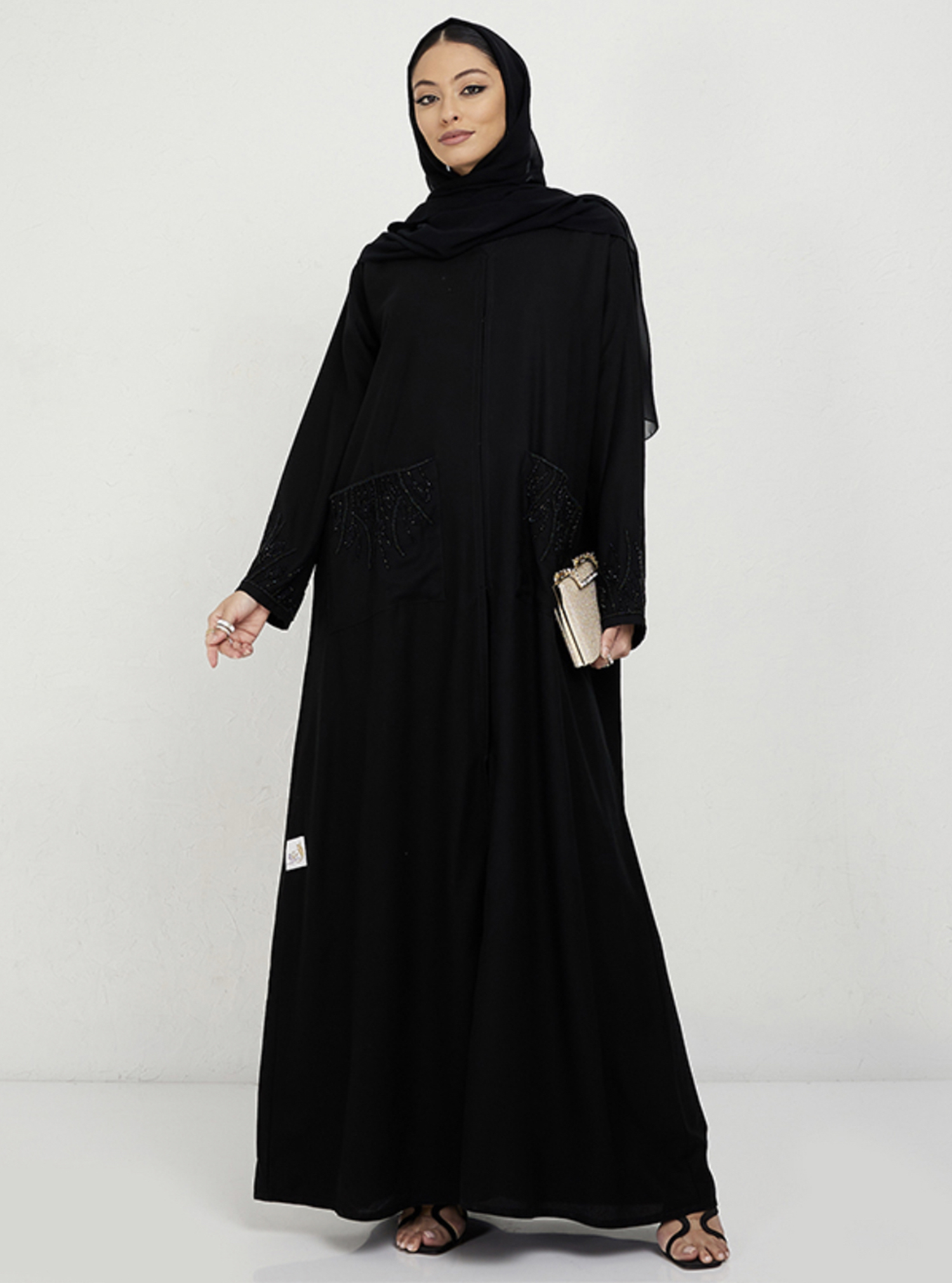 Black 78P Black Abaya With Stones hand Embroidery Design on Pocket Abayas from Rosette Abaya at ...