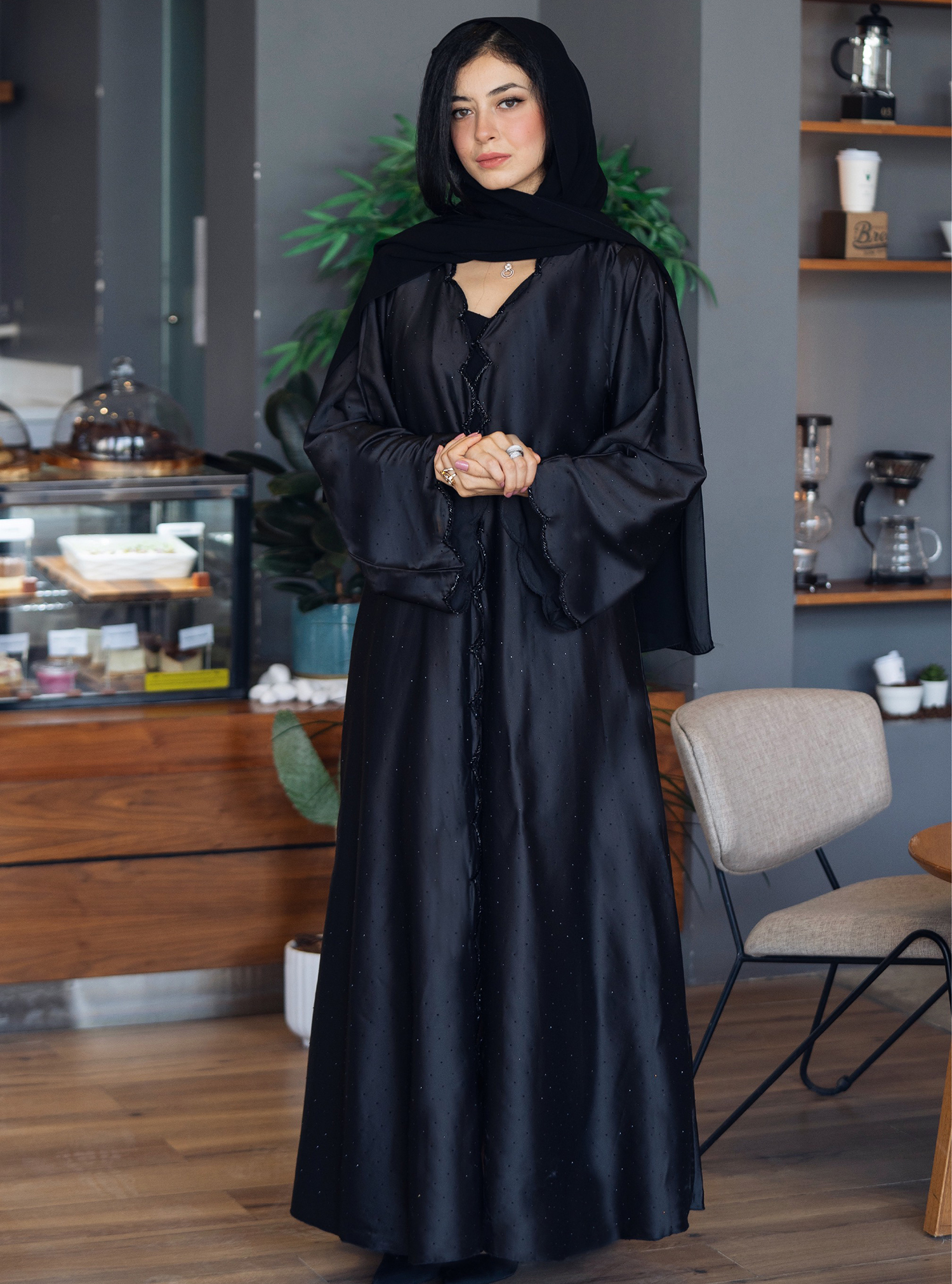 CS030 Luxury satin abaya with scalloped neck and sleeve detailing accented with embellishments ...