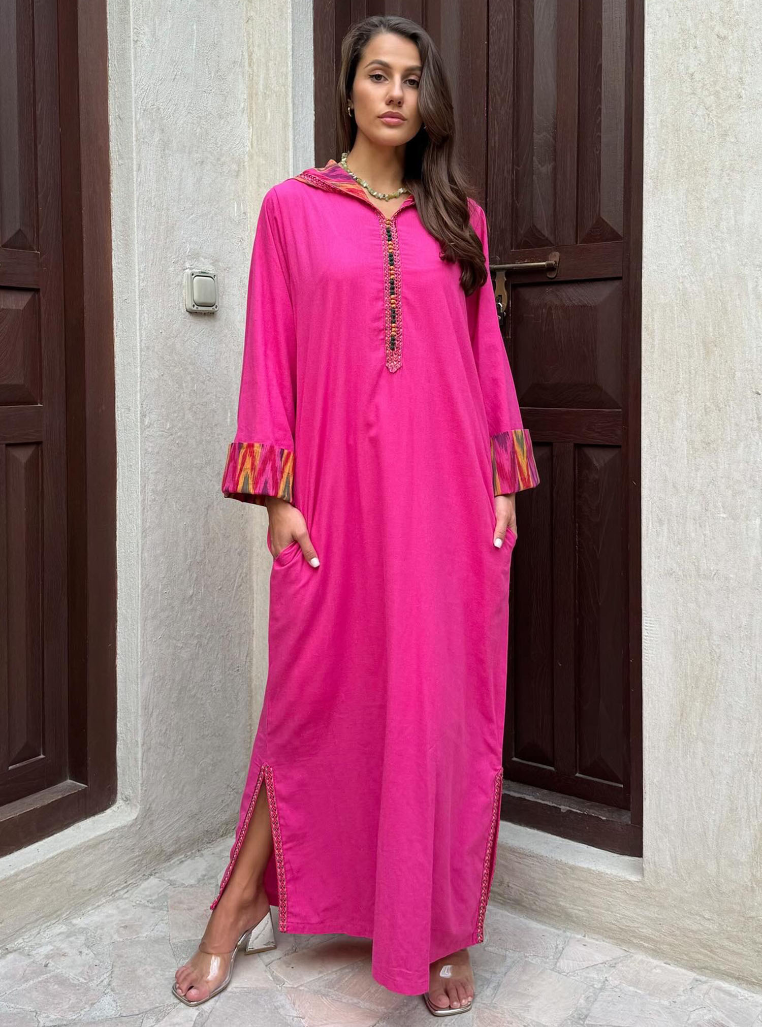 MARIA KAFTAN Linen kaftan with hoodie crafted with Moroccan sfifa Kaftans from Morbel kaftan at ...