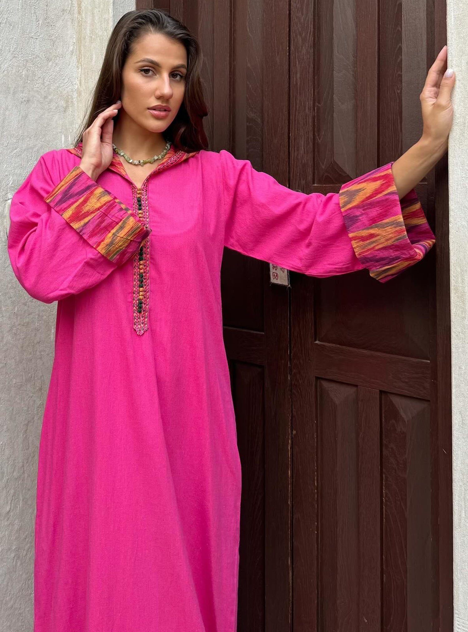 MARIA KAFTAN Linen kaftan with hoodie crafted with Moroccan sfifa Kaftans from Morbel kaftan at ...