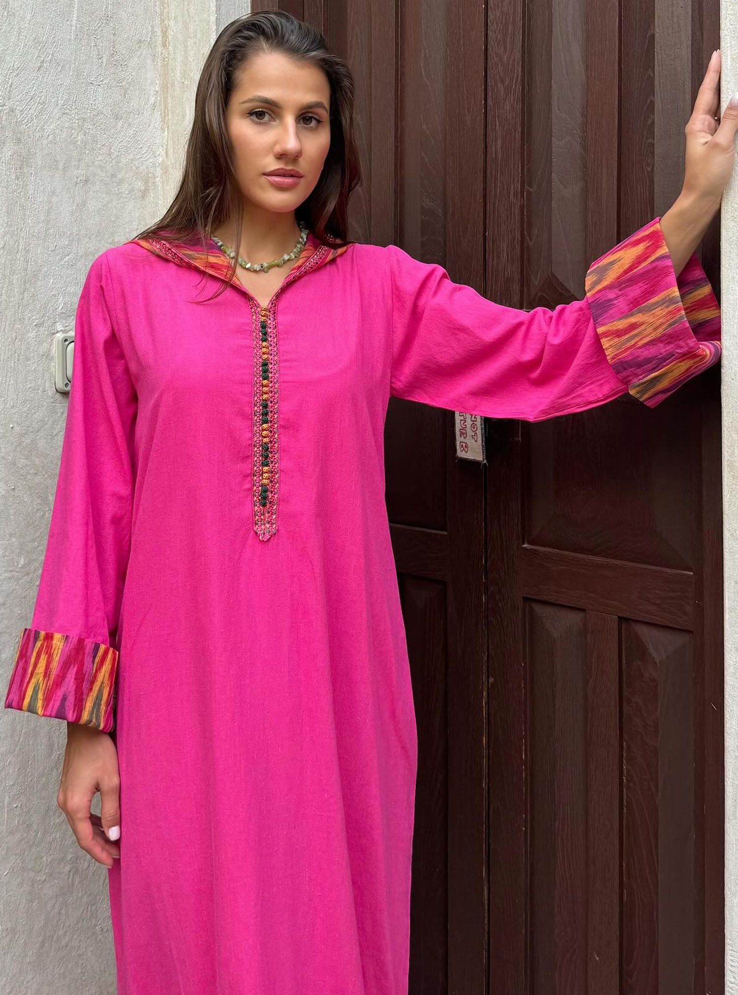 MARIA KAFTAN Linen kaftan with hoodie crafted with Moroccan sfifa Kaftans from Morbel kaftan at ...