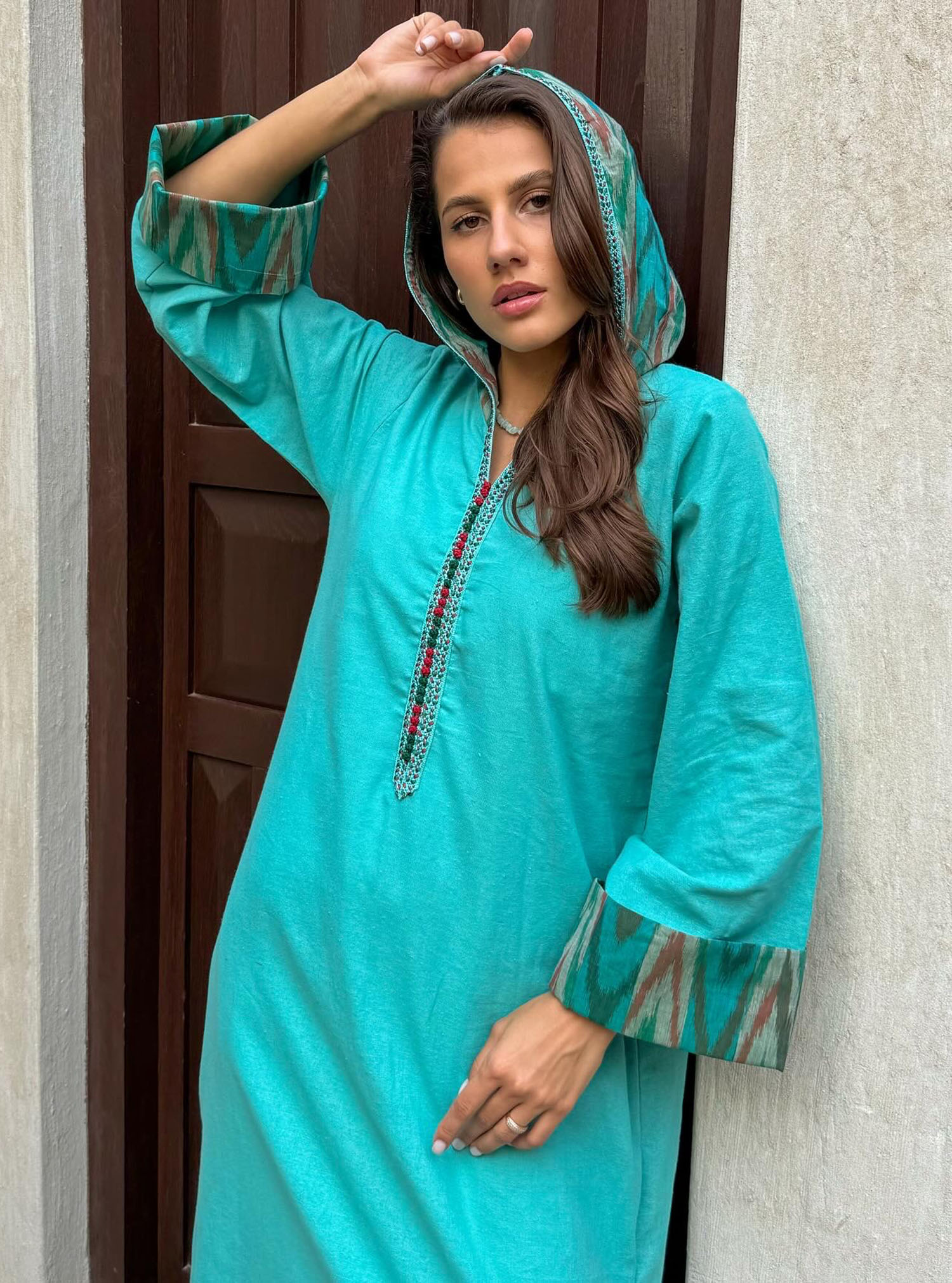 MARIA KAFTAN Linen kaftan with hoodie crafted with Moroccan sfifa Kaftans from Morbel kaftan at ...