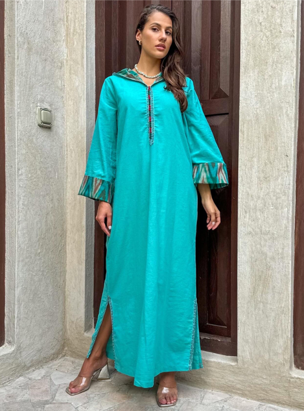 MARIA KAFTAN Linen kaftan with hoodie crafted with Moroccan sfifa Kaftans from Morbel kaftan at ...