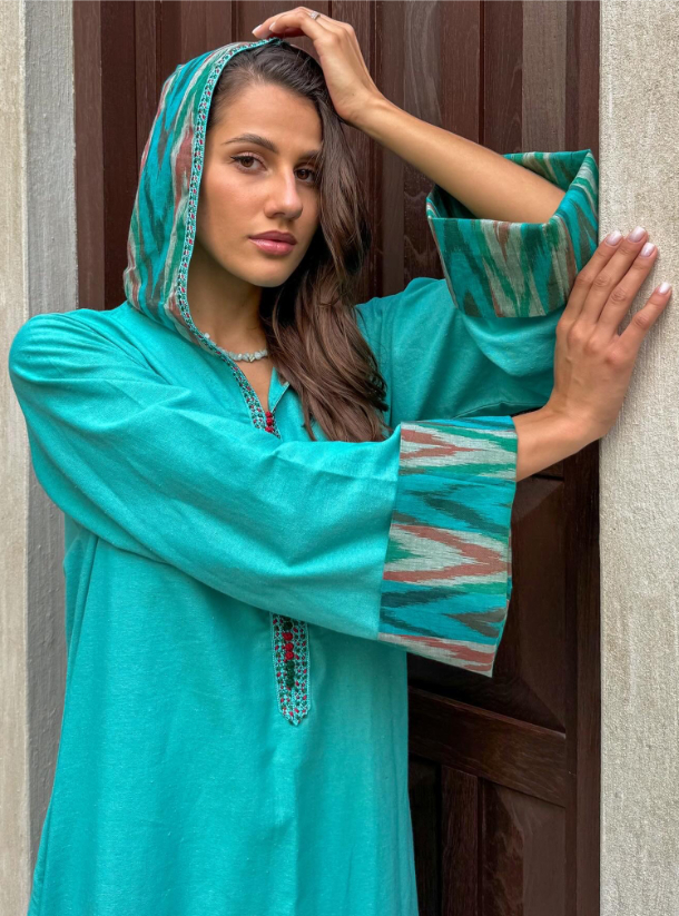 MARIA KAFTAN Linen kaftan with hoodie crafted with Moroccan sfifa Kaftans from Morbel kaftan at ...