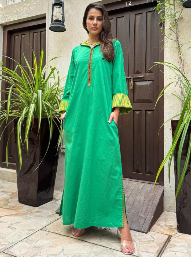 MARIA KAFTAN Linen kaftan with hoodie crafted with Moroccan sfifa Kaftans from Morbel kaftan at ...