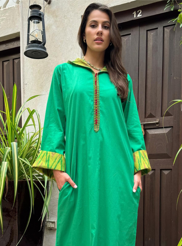 MARIA KAFTAN Linen kaftan with hoodie crafted with Moroccan sfifa Kaftans from Morbel kaftan at ...