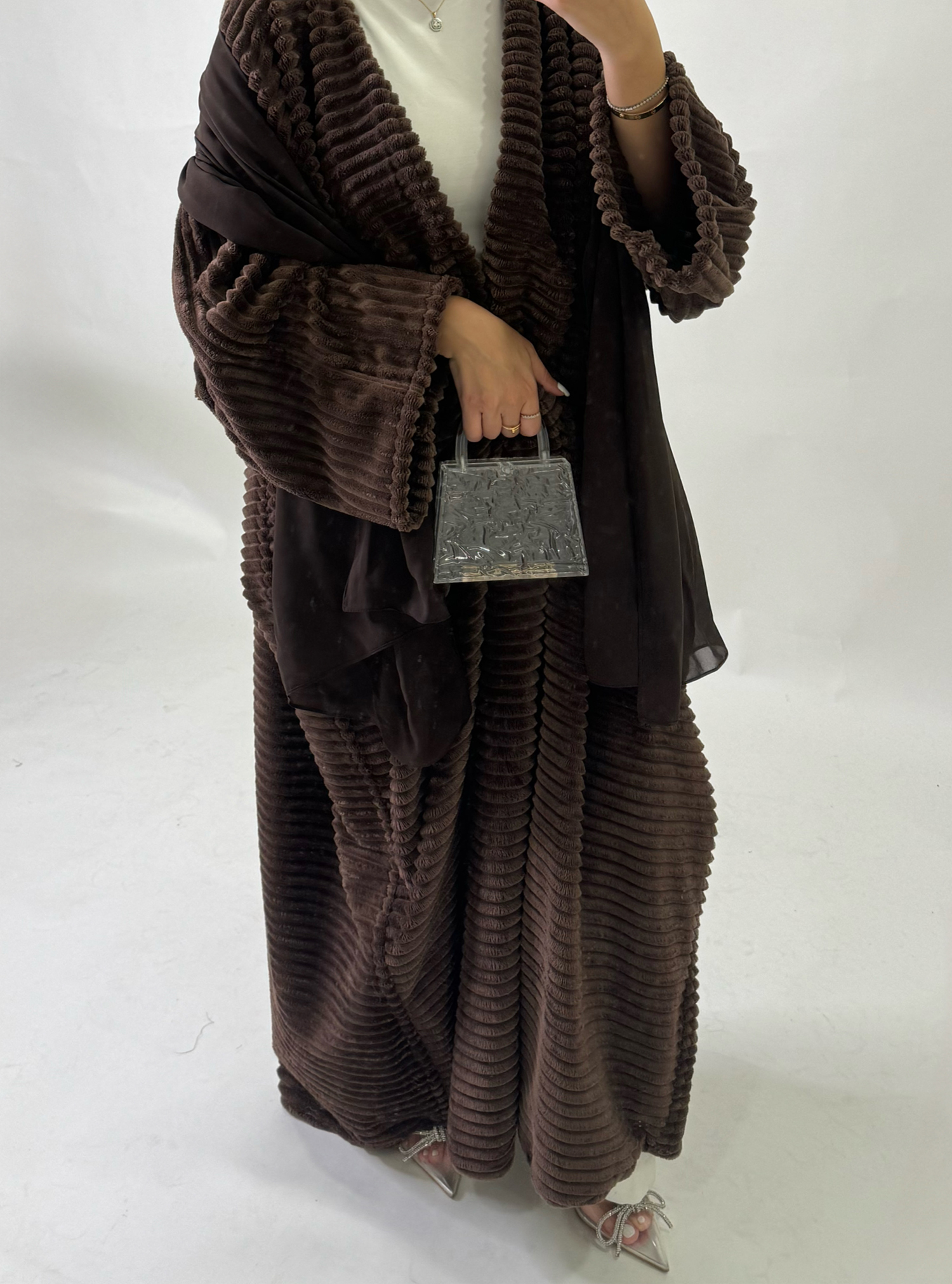 Brown Soft Fur Brown ribbed soft fur winter oversized Abaya with headscarf. Abayas from Alef at ...