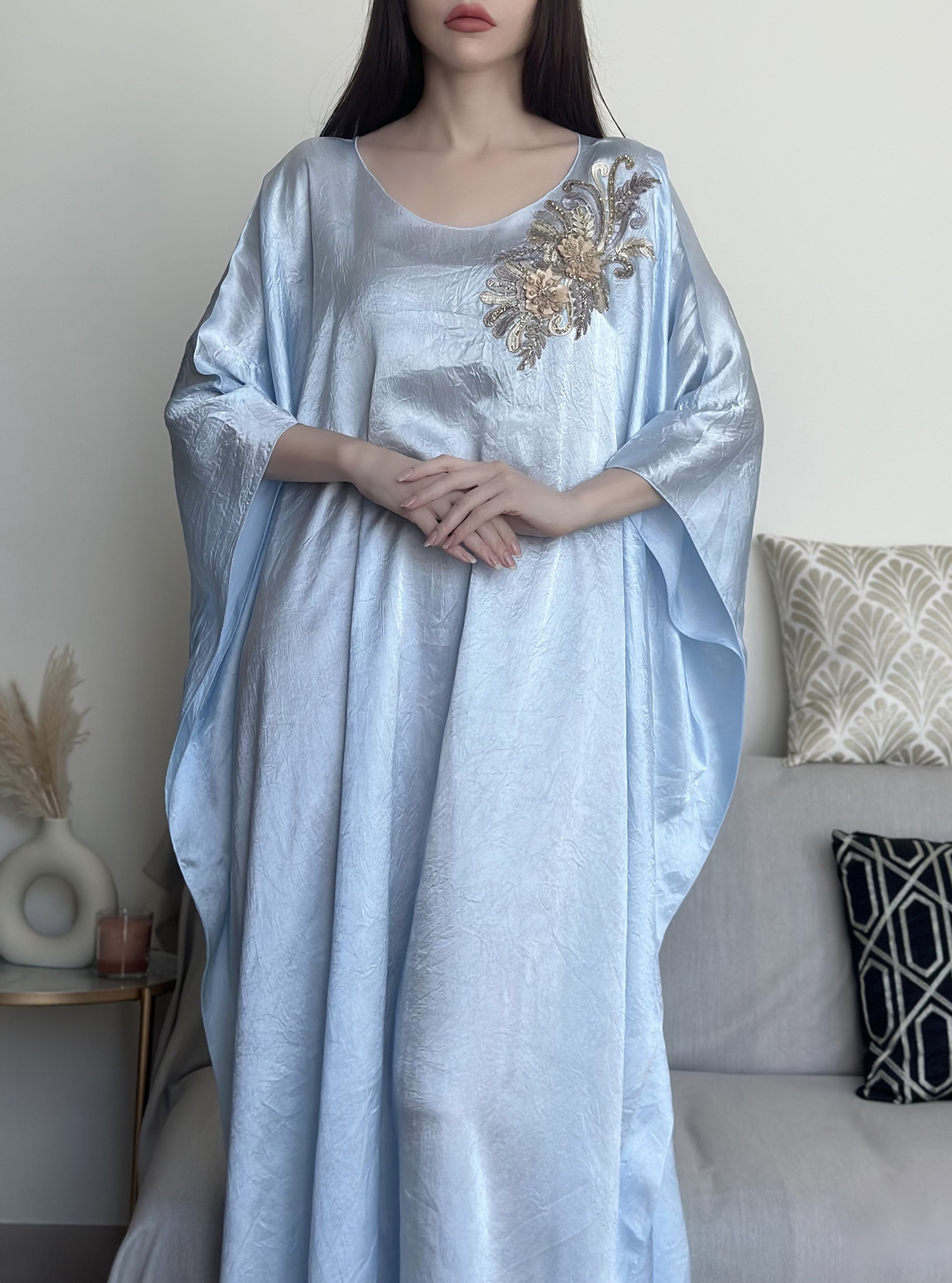 Blue silk Blue silk flowy kaftan with boat neck and side slits ...