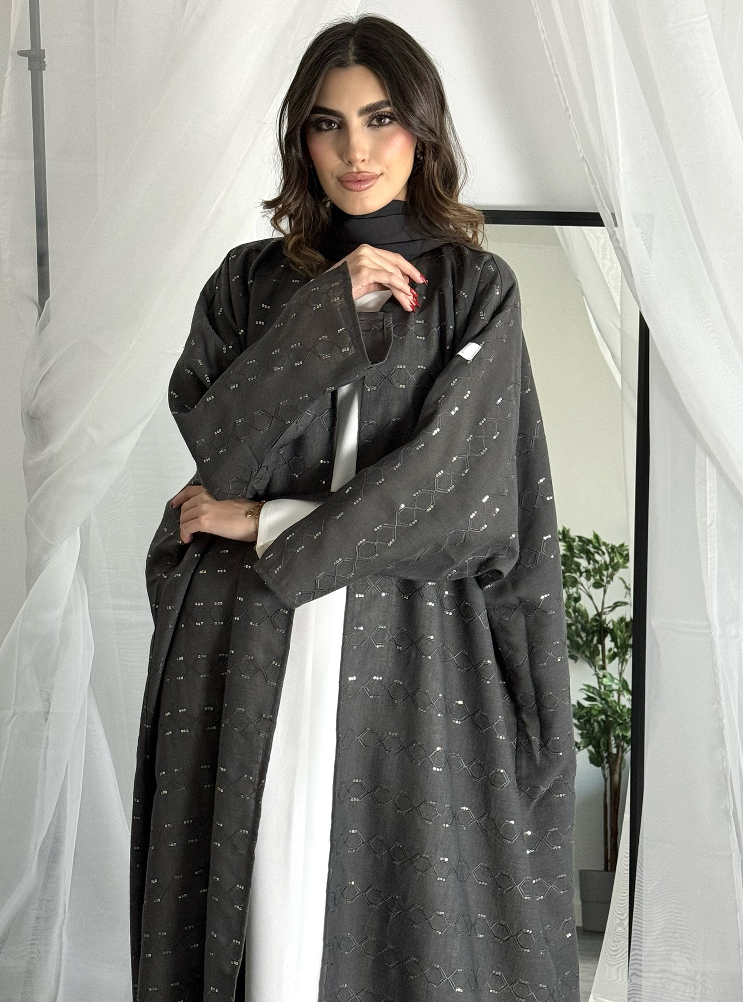 Gray Abaya Gray Linen Abaya. Scarf is included Abayas from Buhra at Boksha