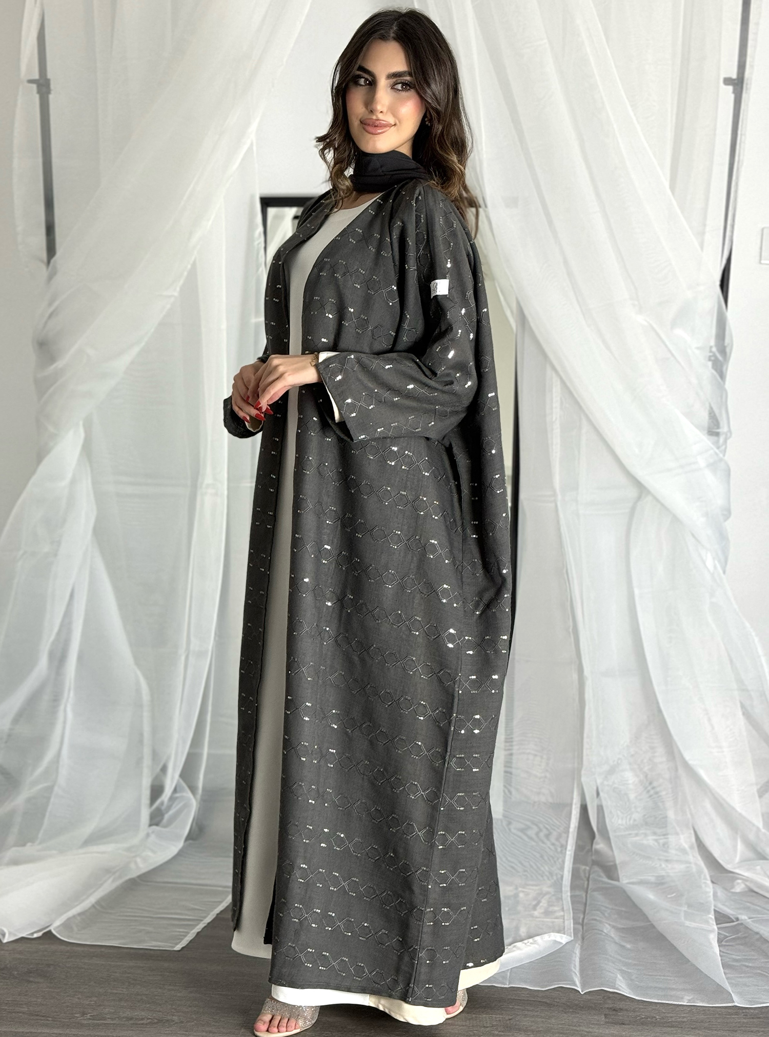 Gray Abaya Gray Linen Abaya. Scarf is included Abayas from Buhra at Boksha
