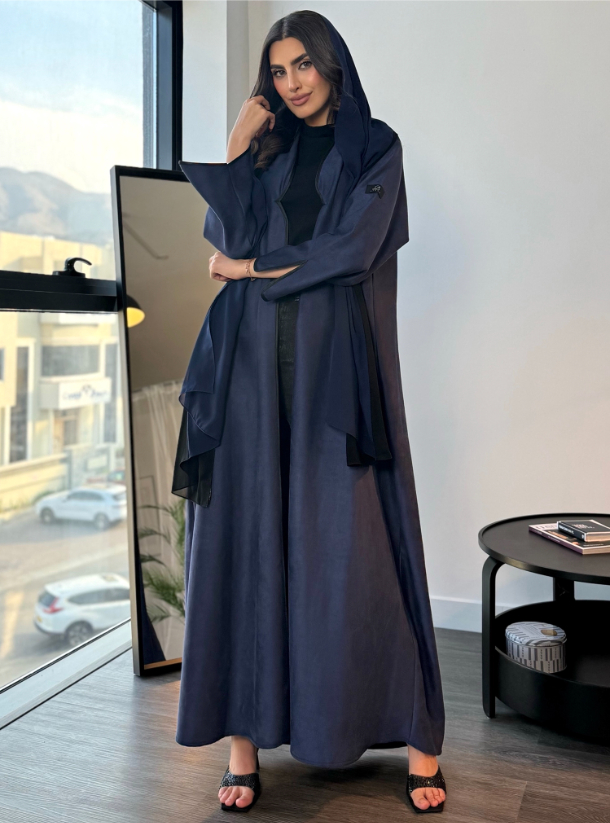 Suede Abaya Navy suede abaya. Scarf is included Abayas from Buhra at Boksha