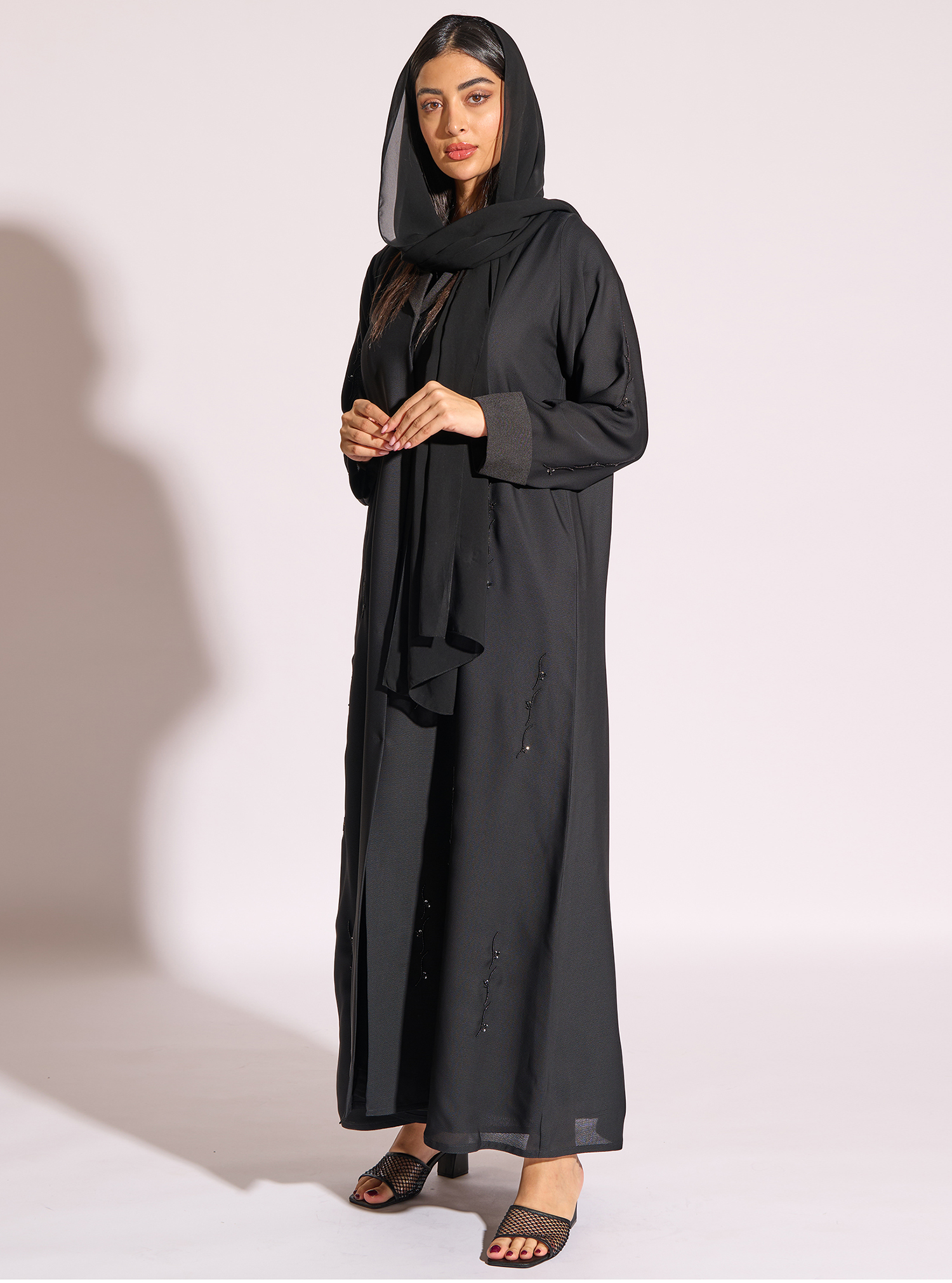 Model No- 1400 Black soft crepe abaya with collar adorned with ...