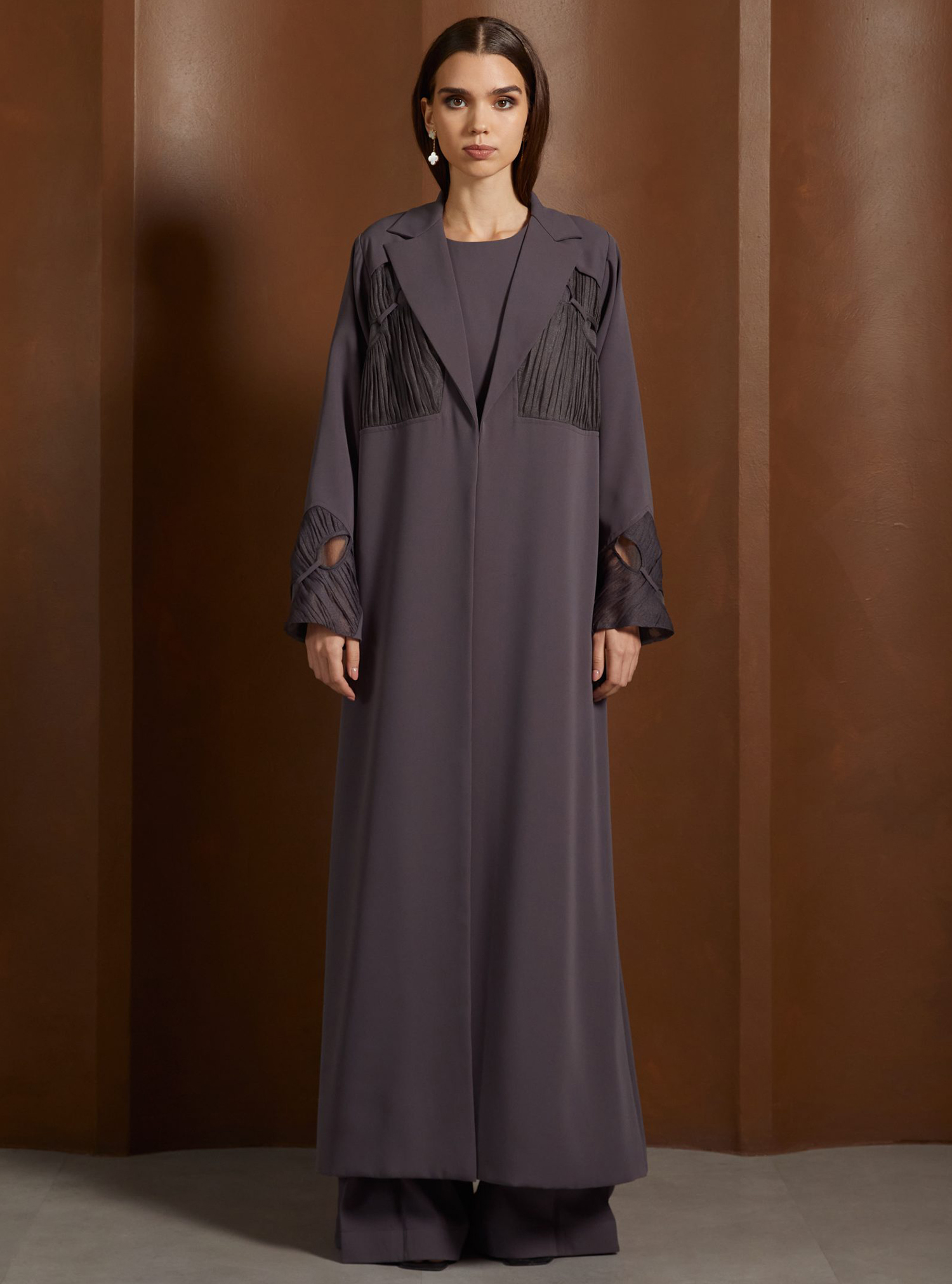 CHLOE CHARCOAL GREY OPEN ABAYA. DESIGNED WITH A CHIC COAT COLLAR AND ...